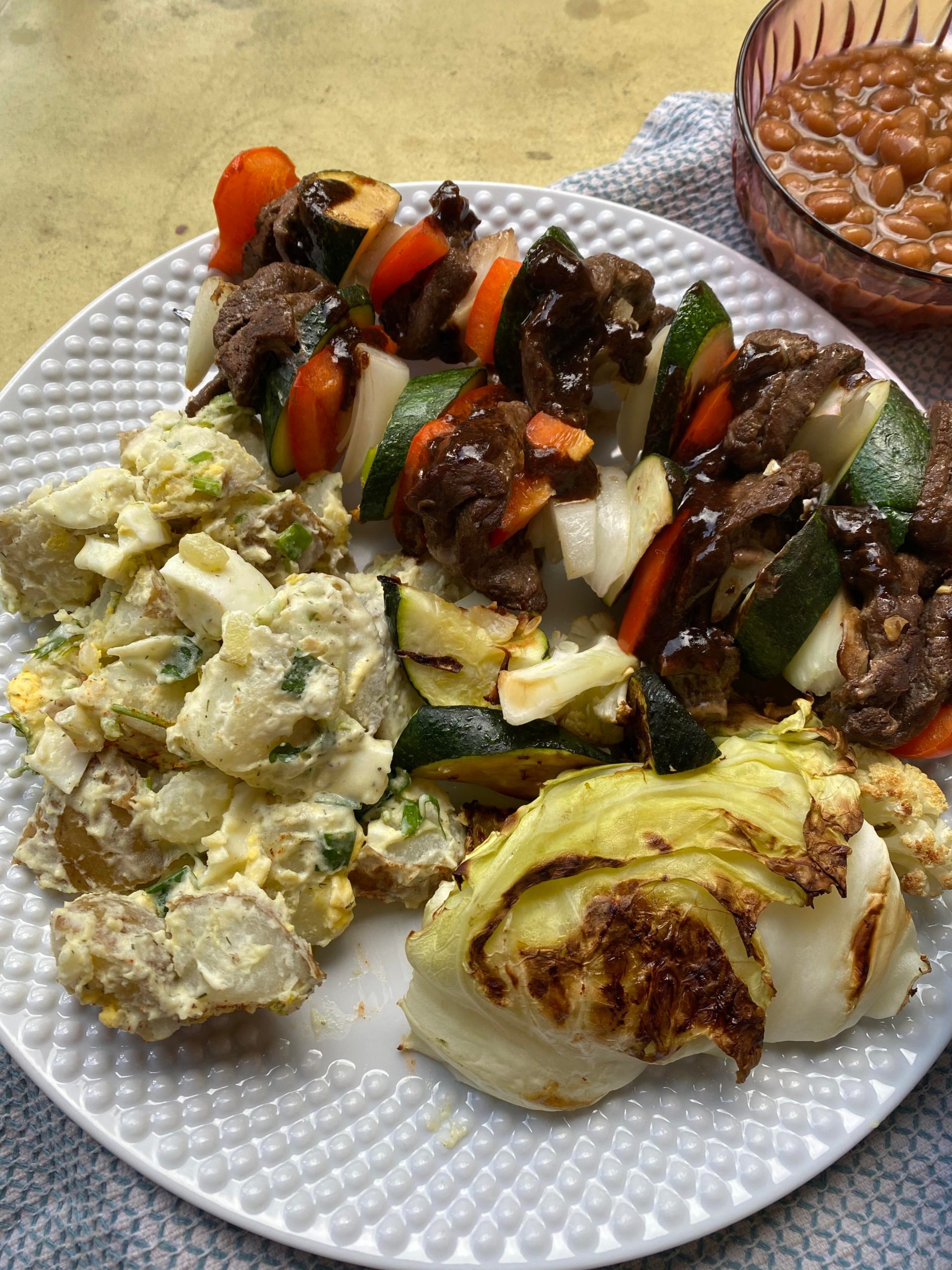 Black tailed deer kabobs, roasted cabbage, potato salad. Perfect summer ...