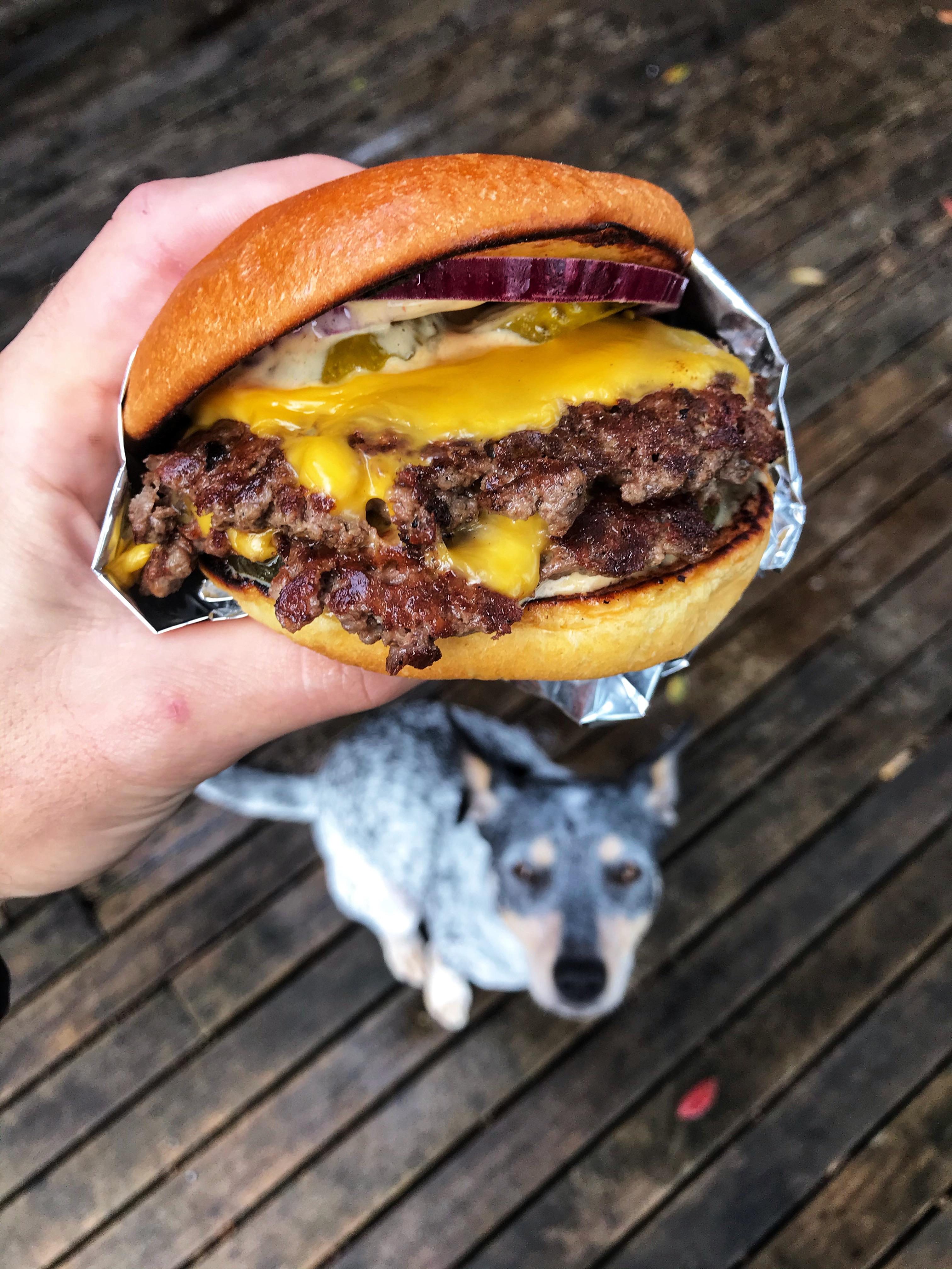 Just a double cheeseburger with red onion, pickles, and special sauce ...