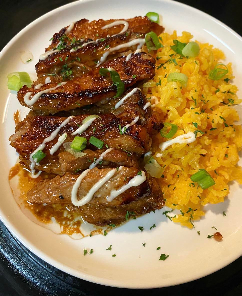 Chinese Roast Pork Belly, Yellow Rice, and Sesame Mayo Sauce. 🍚 🥘 🥢 ...