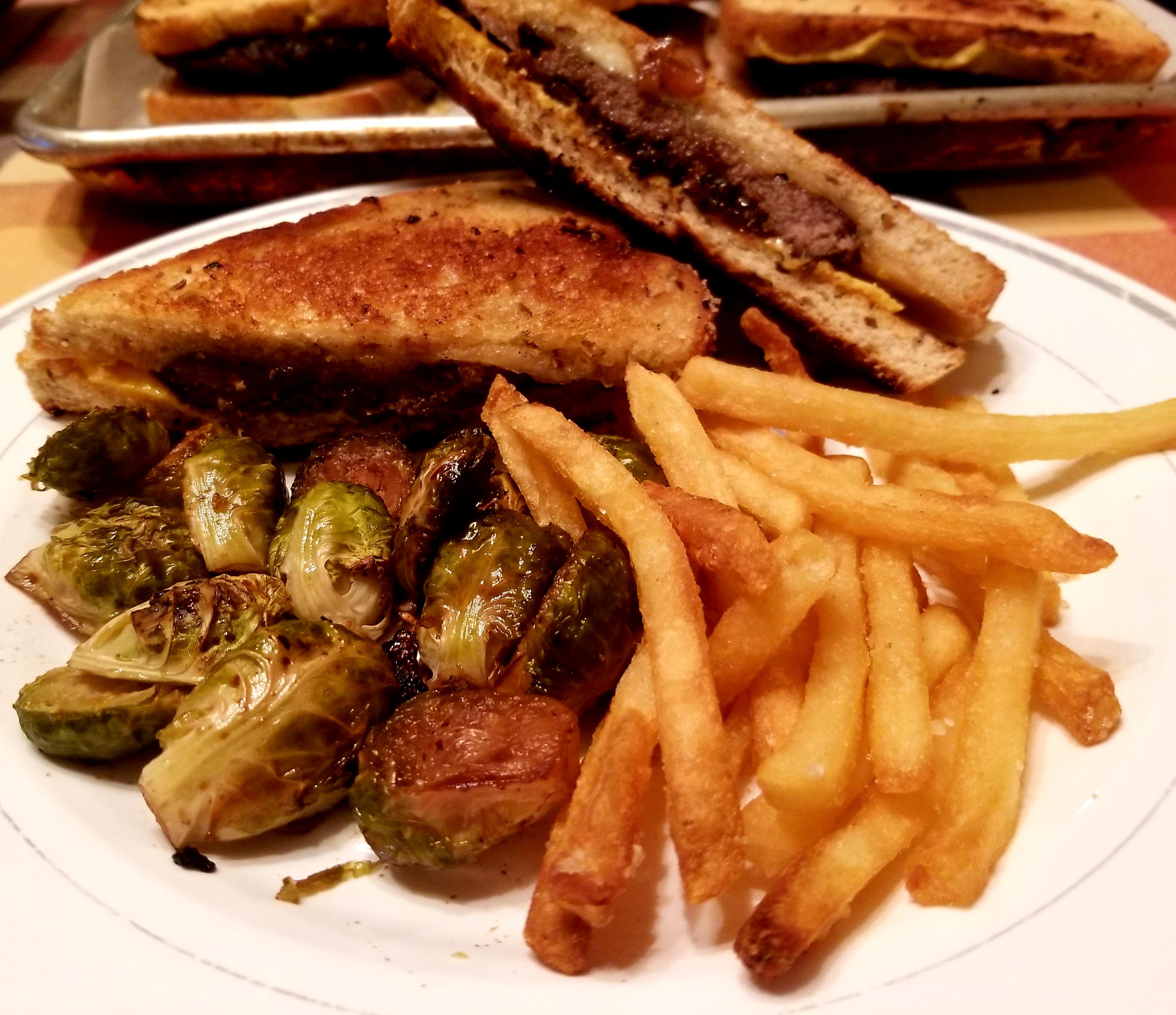 Patty melts with fries and roasted brussel sprouts - Dining and Cooking