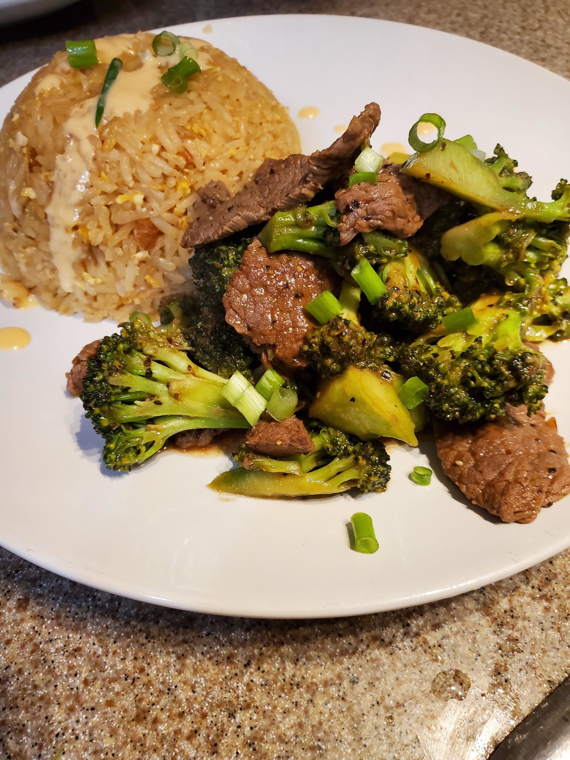 Beef and broccoli with garlic chilli fried rice. - Dining and Cooking