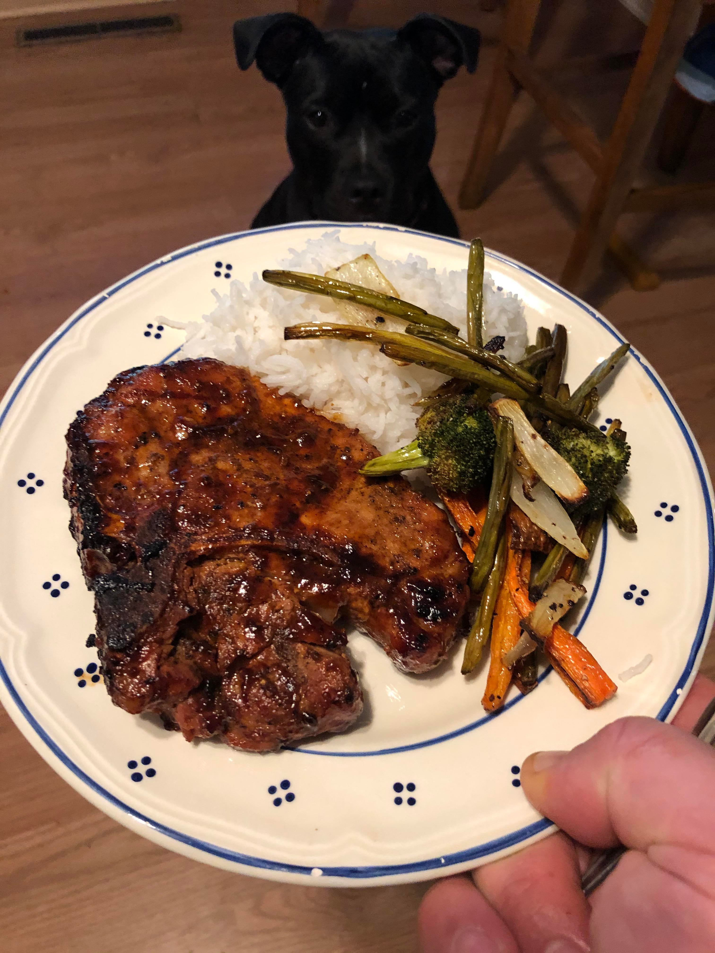 BBQ pork chops, steamed rice, roasted veggies. - Dining and Cooking
