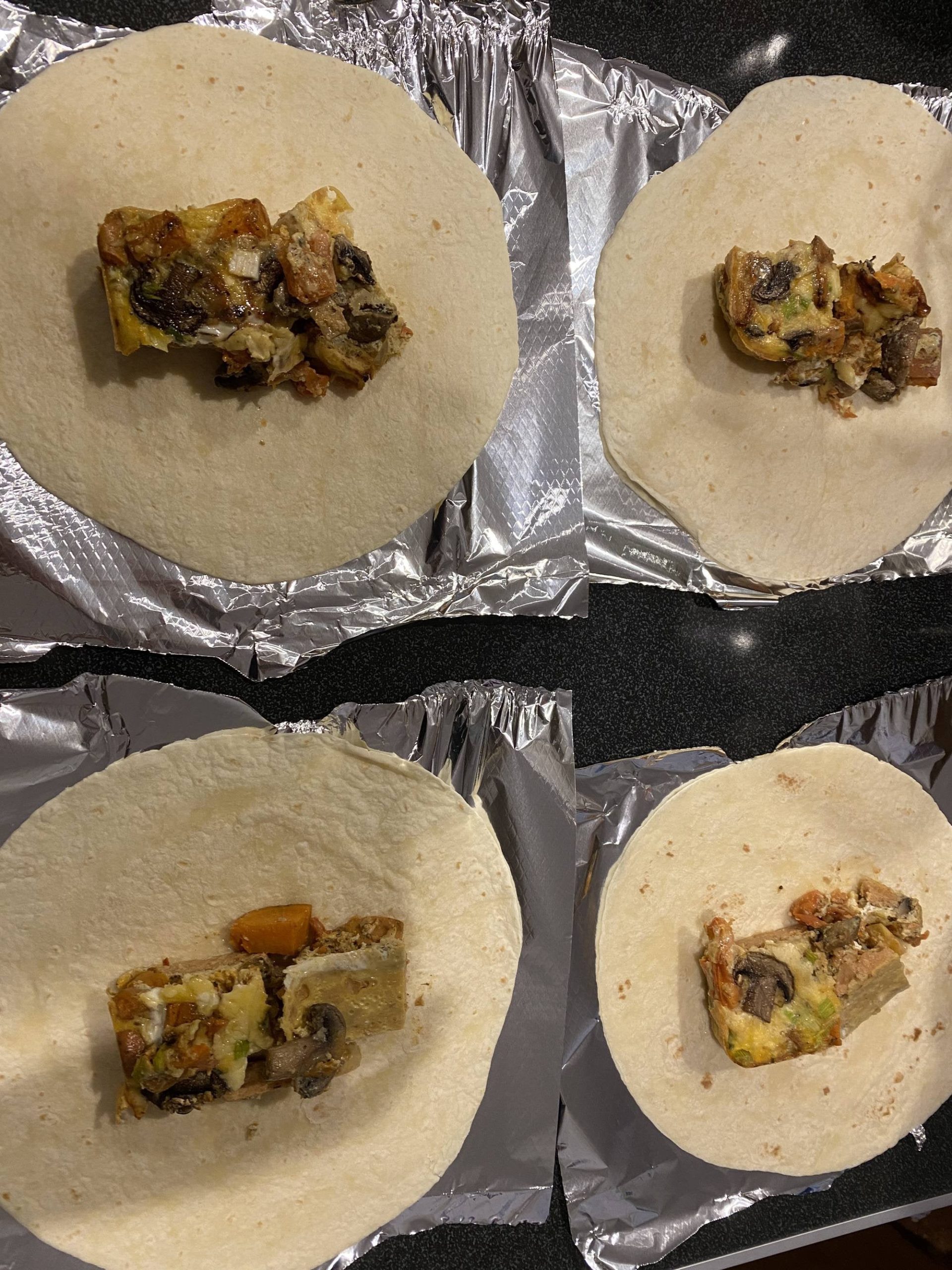 Breakfast burritos rolled from Recipetineats.com baked frittata ...