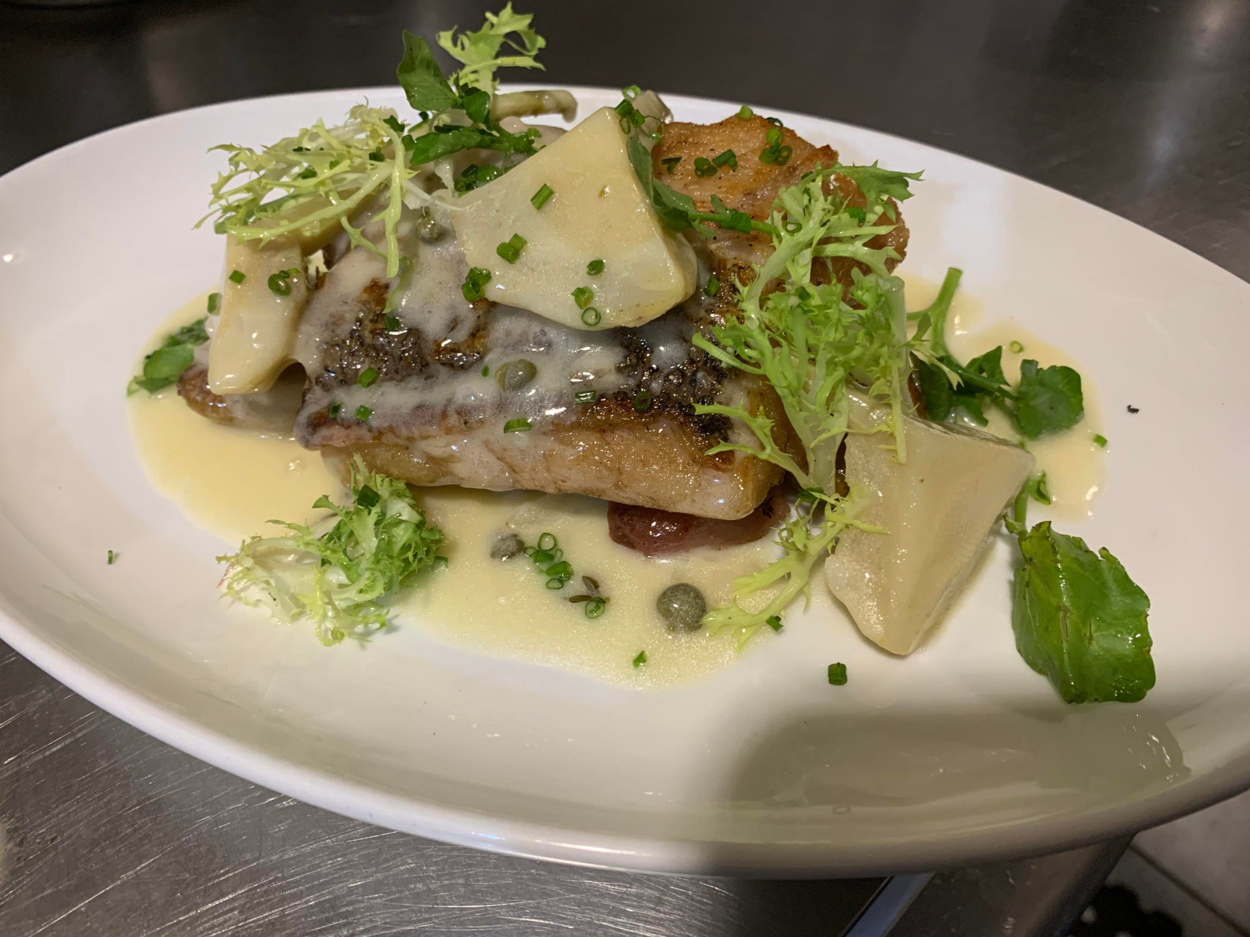 Pan seared Tile Fish, SV fingerling potatoes, artichokes, lemon caper ...