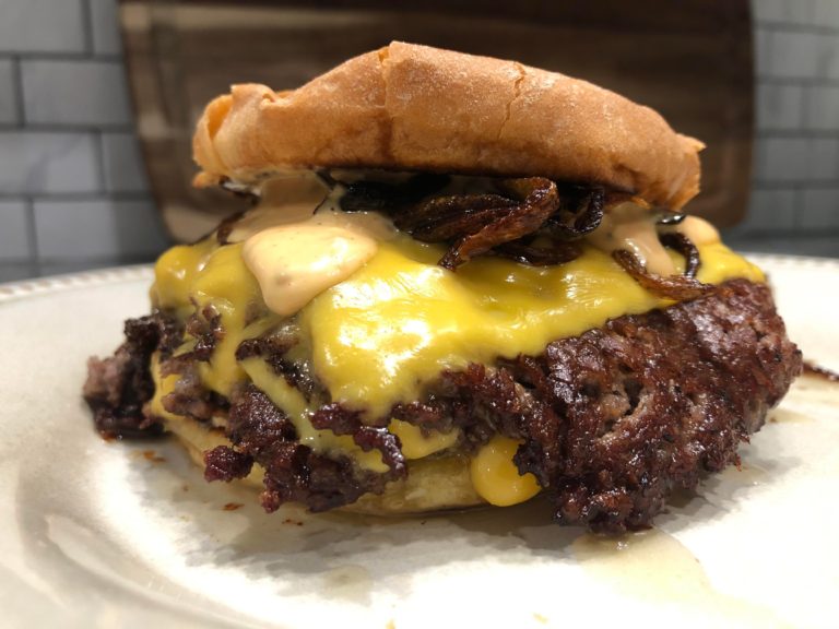 Burger I made at work, double smash patty, pepperoni, red onion ...