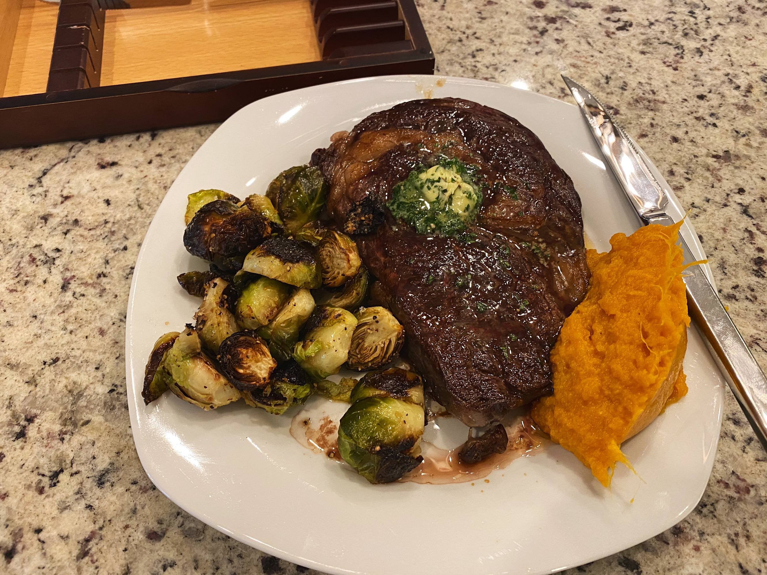 Wagyu ribeye with parmesan roasted sprouts and mashed sweet potato ...