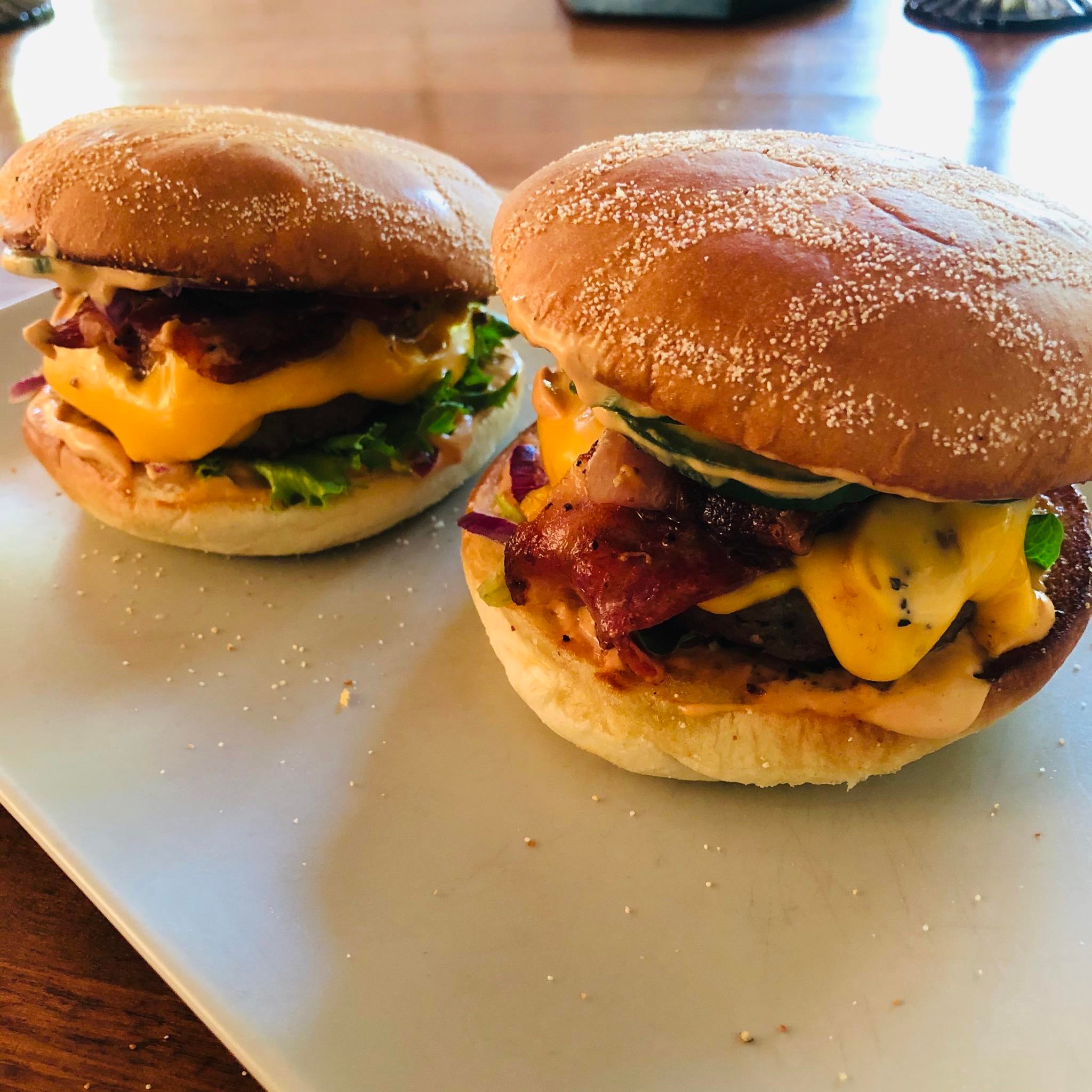 Double cheese N bacon, with homemade truffle Mayo. On a brioche bun ...