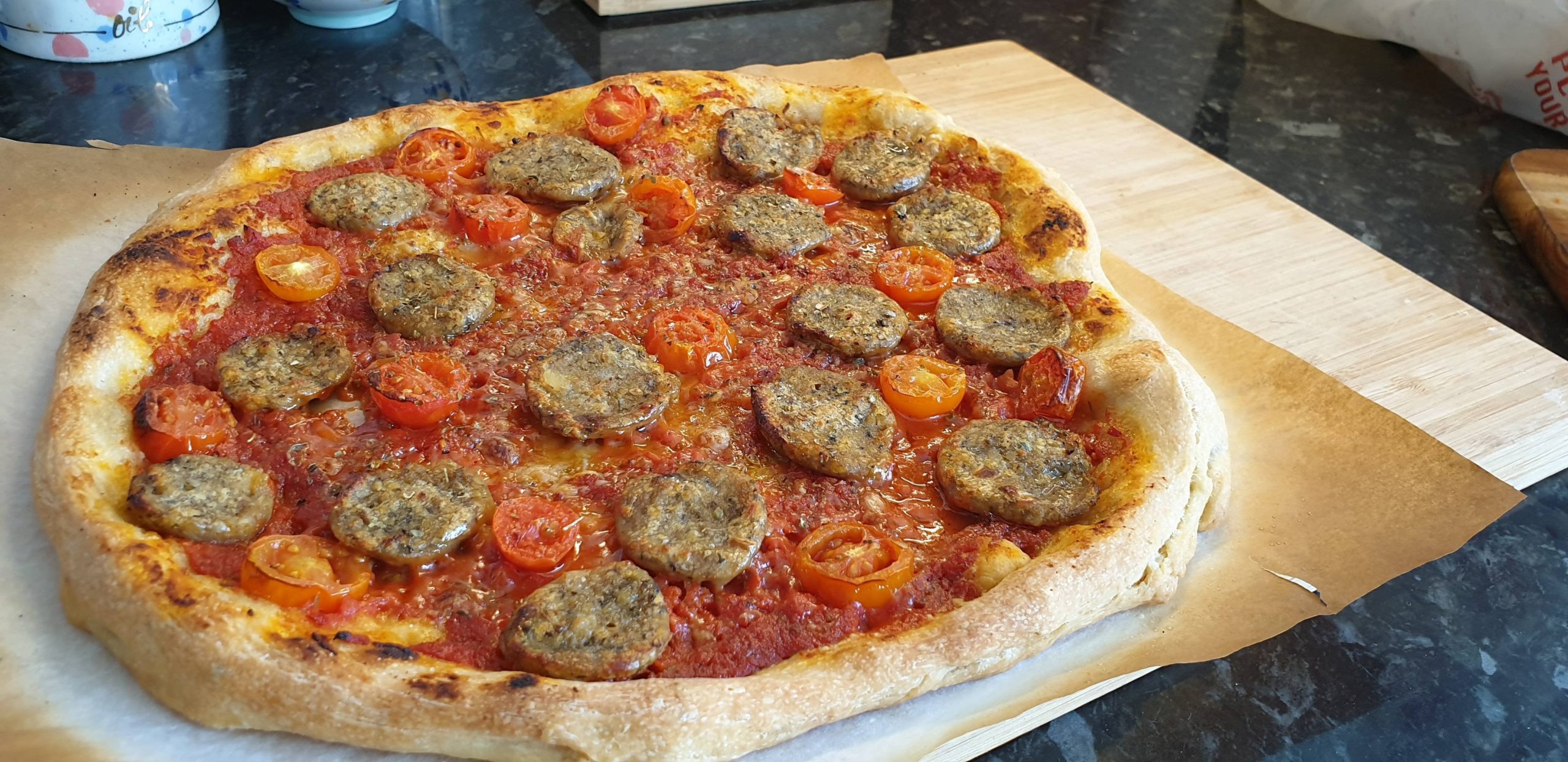 Oven cooked pizza with plum tomatoes and 'sausage' pepperoni. - Dining ...