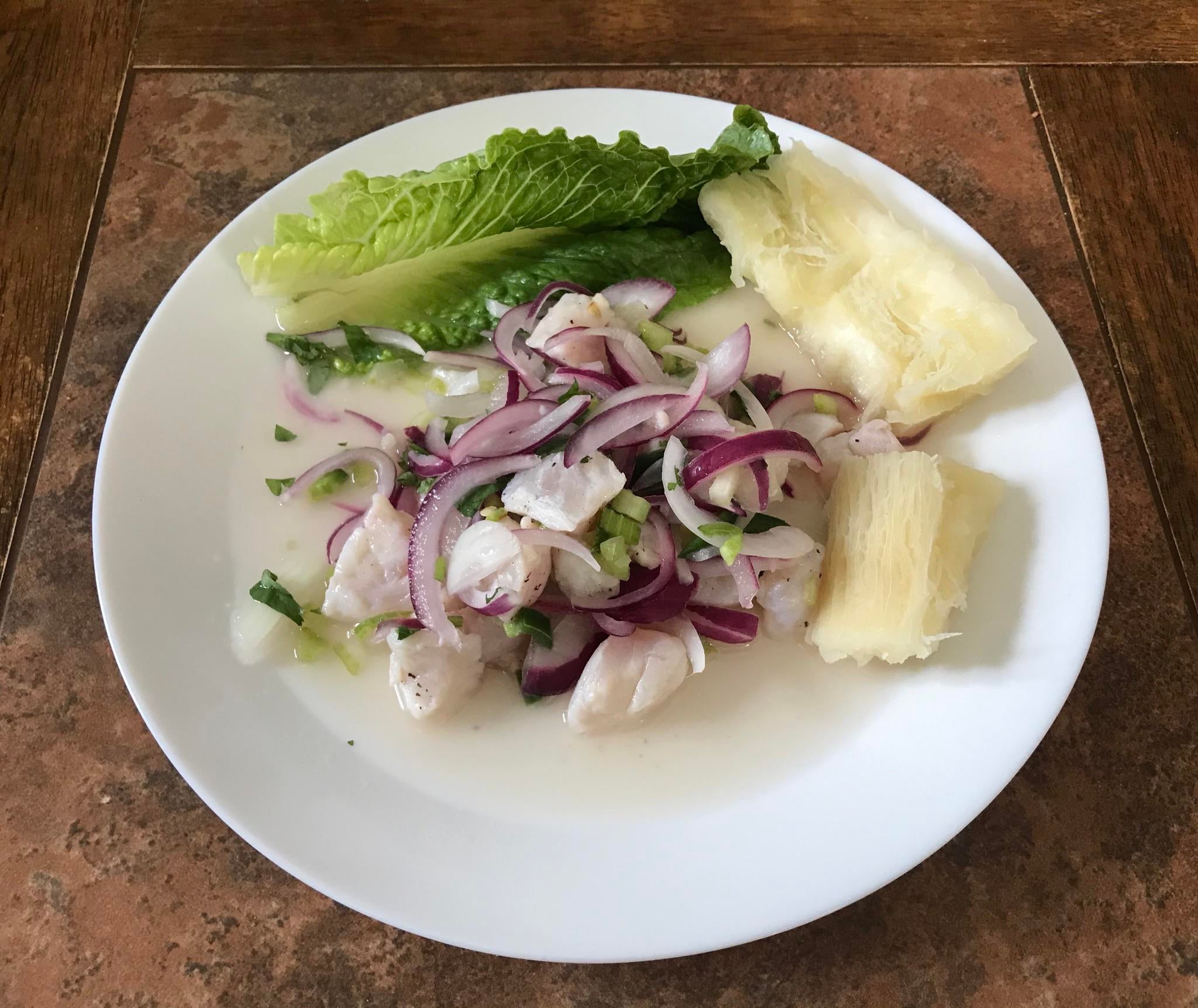 Simple fish ceviche with red onion, diced jalapeño/celery, yuca and ...