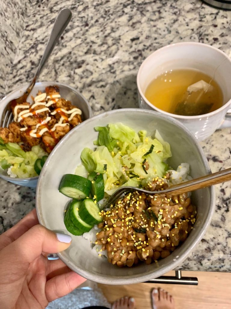 For lunch, a natto bowl for me with steamed cabbage. And a regular ...