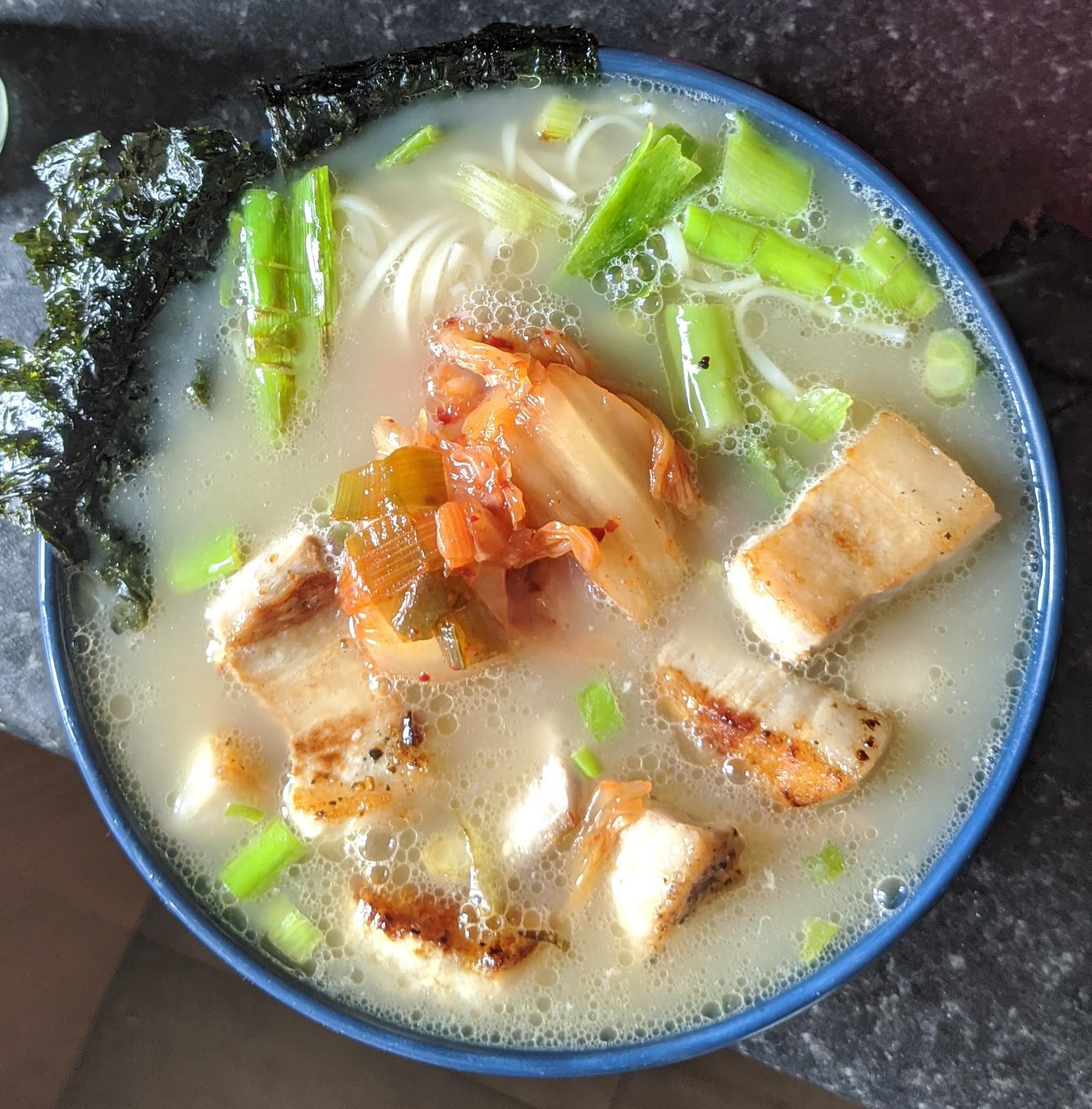 First time making ramen alone:) pork belly, kimchi, spring onions ...