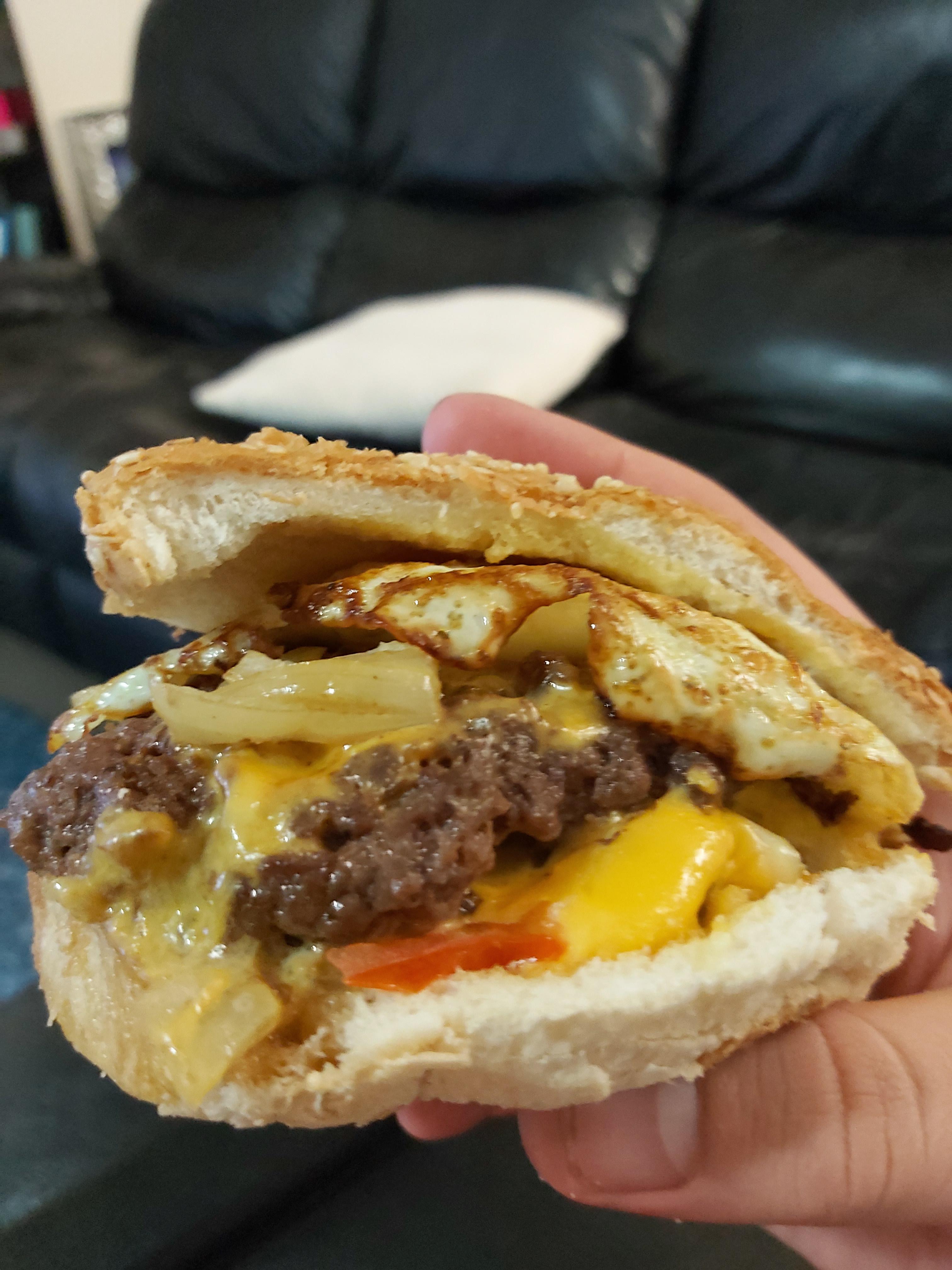 first smashed burger attempt. plus fried egg. - Dining and Cooking