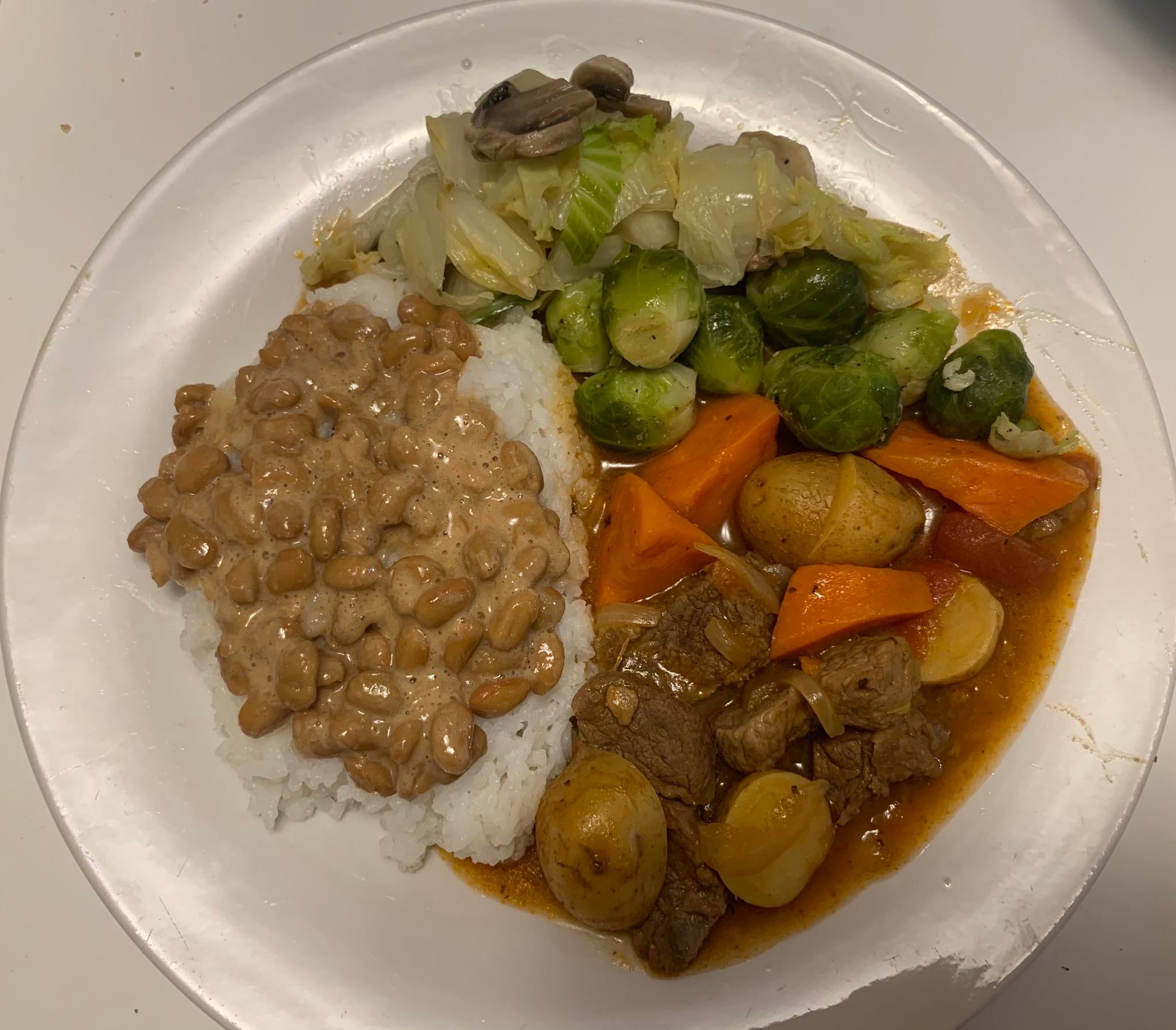Rice with natto, beef stew, and stir fried veggies! - Dining and Cooking