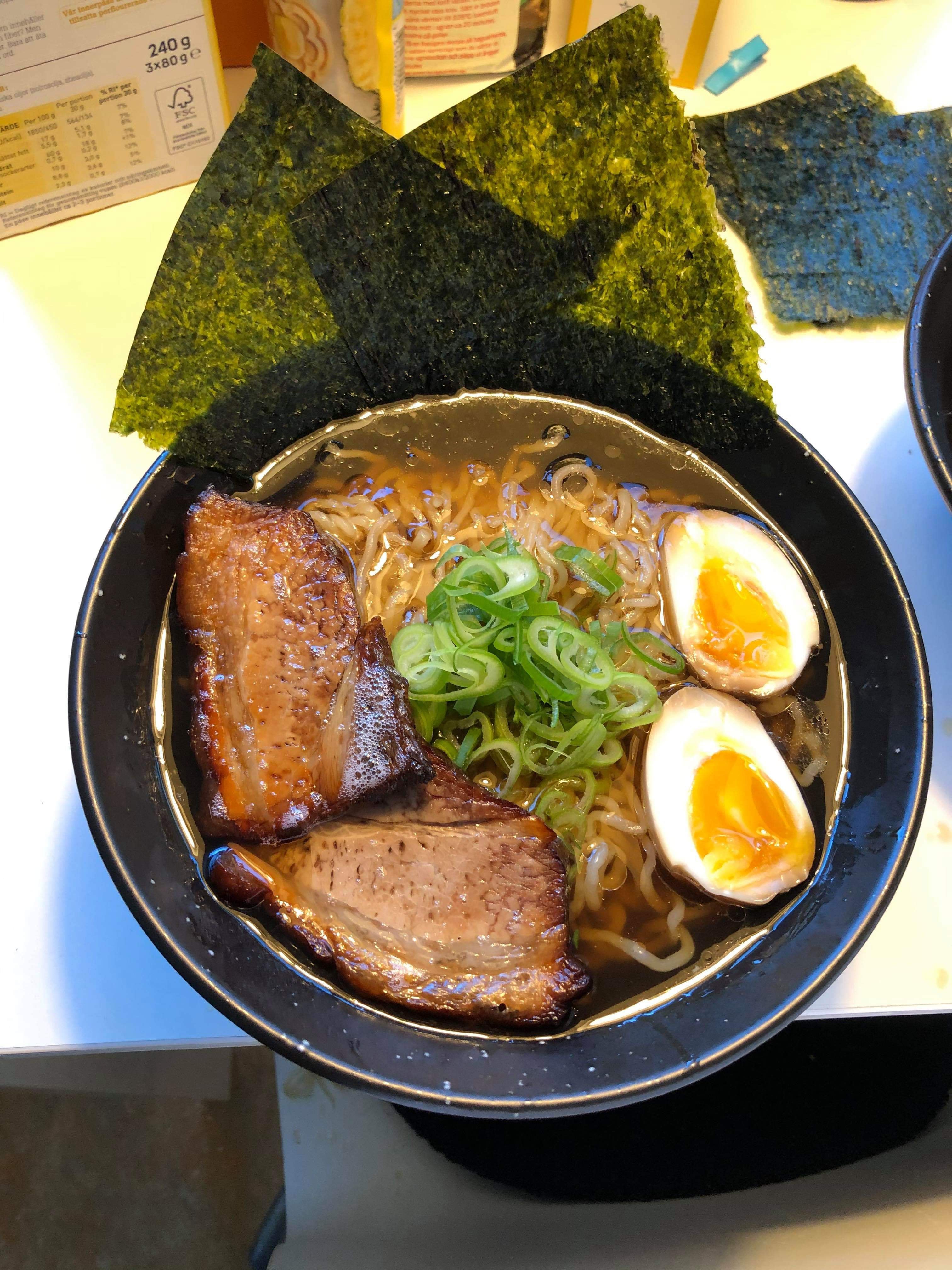 Just made my first ramen from scratch, a double soup shoyu ramen ...