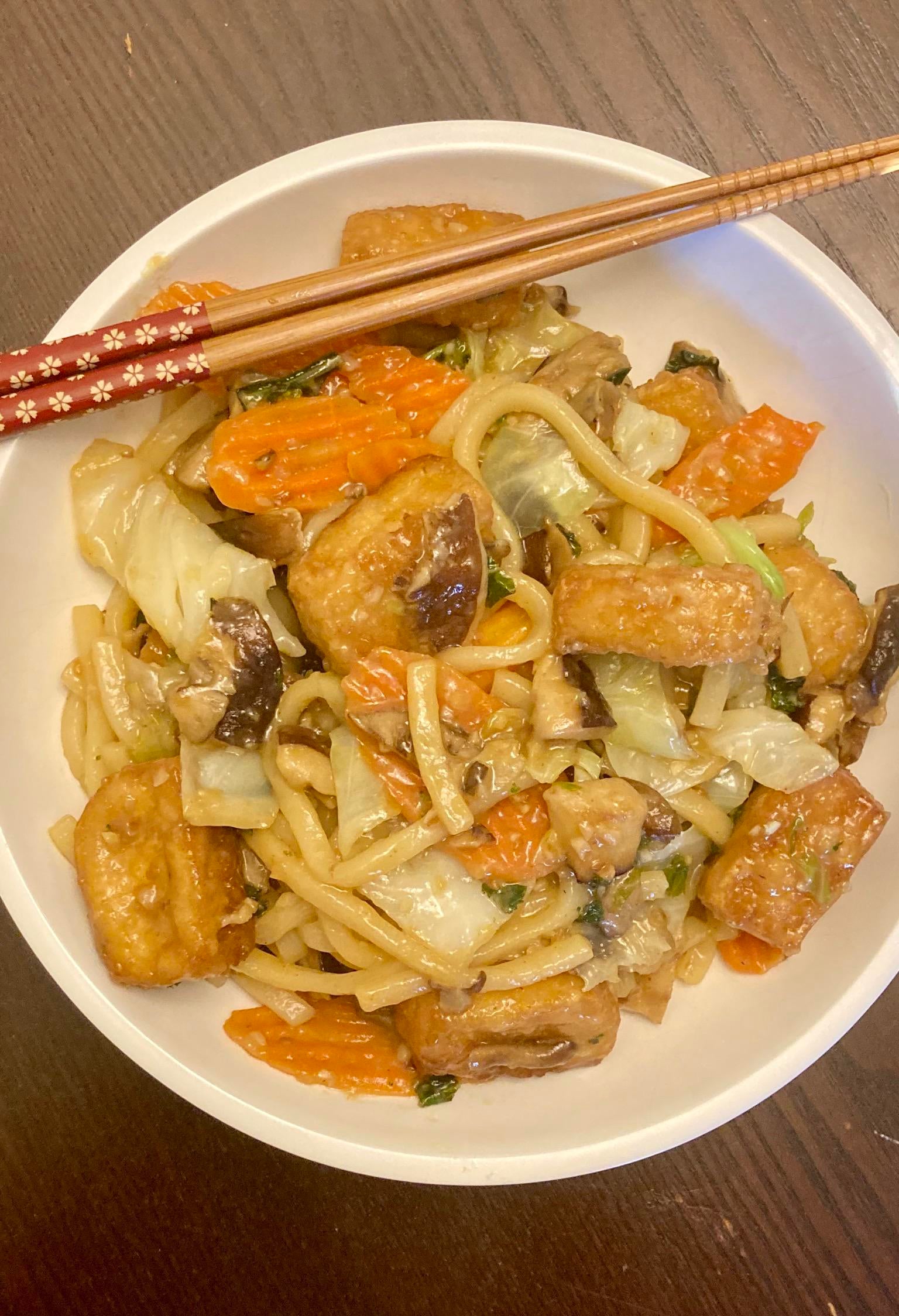 Crispy fried tofu with udon noodles / stir-fried veggies in a soy ...
