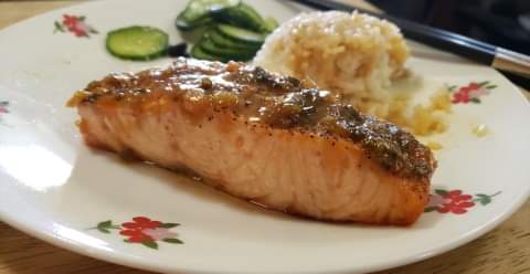 Some short grain rice, sunomono, and salmon with miso Negi sauce ...