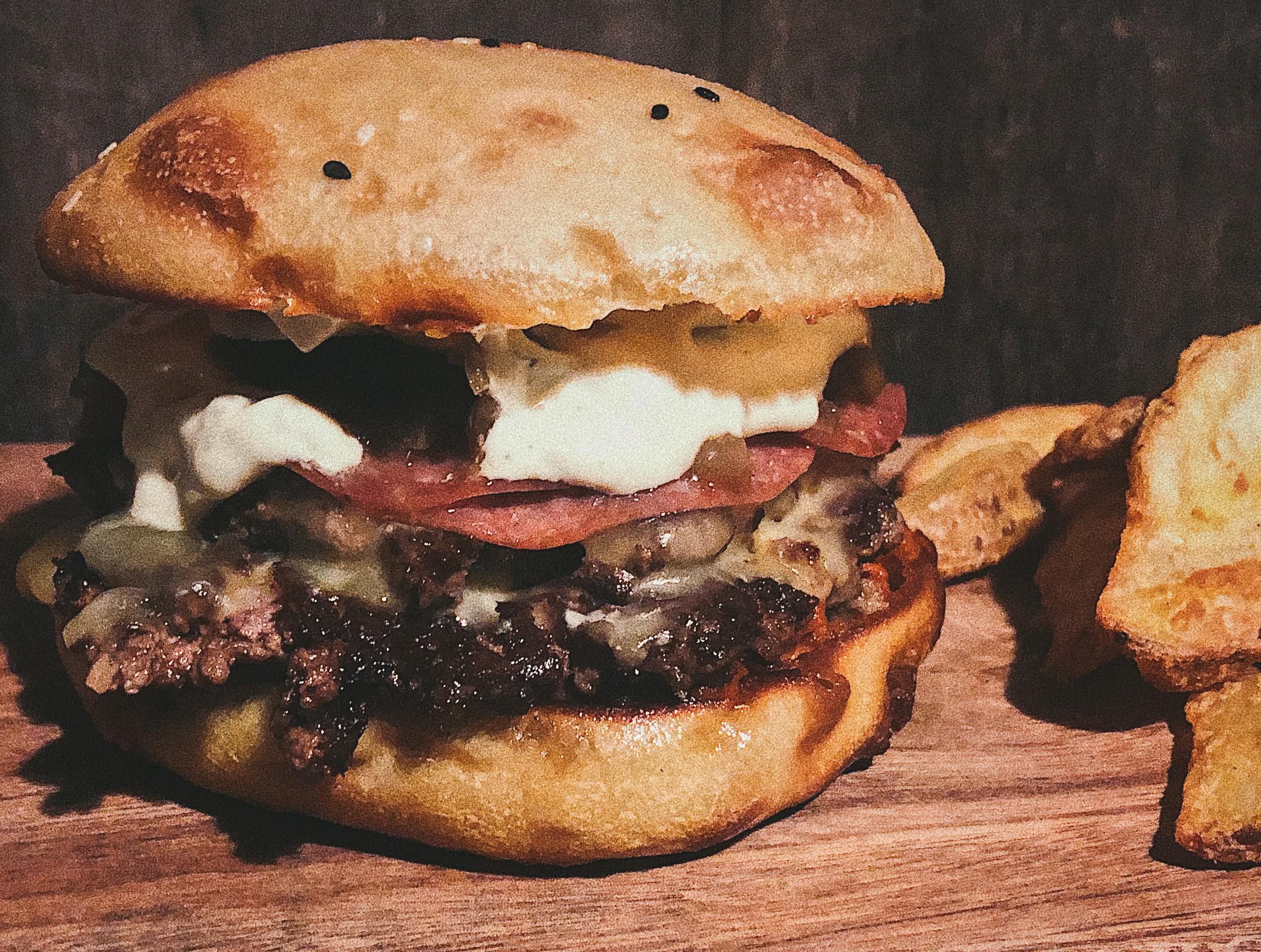 Double 70 chuck 30 brisket smash patties, double cheddar, pepperoni ...