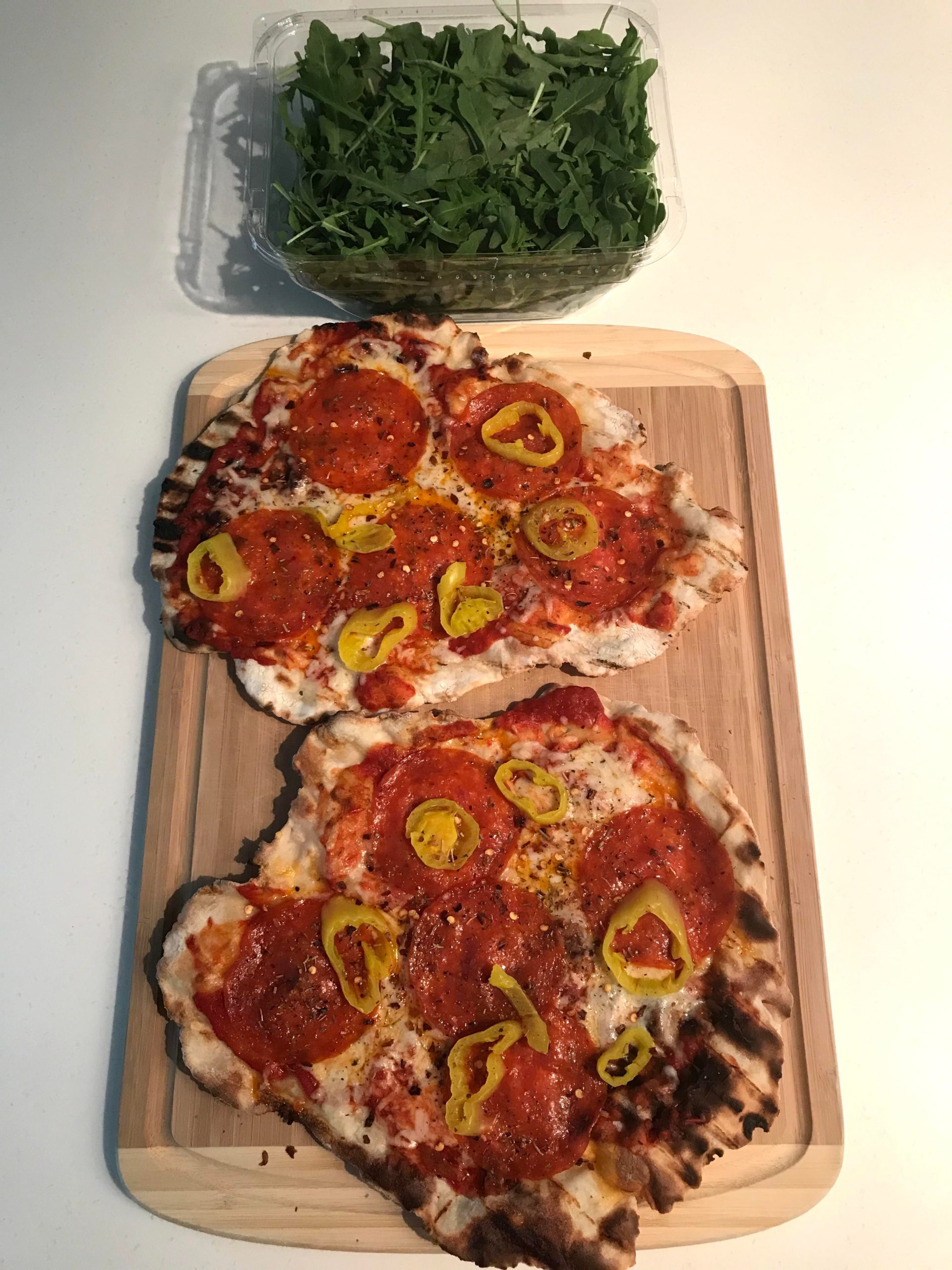 Grilled personal pizzas with two ingredient dough. Roughly 570 calories ...
