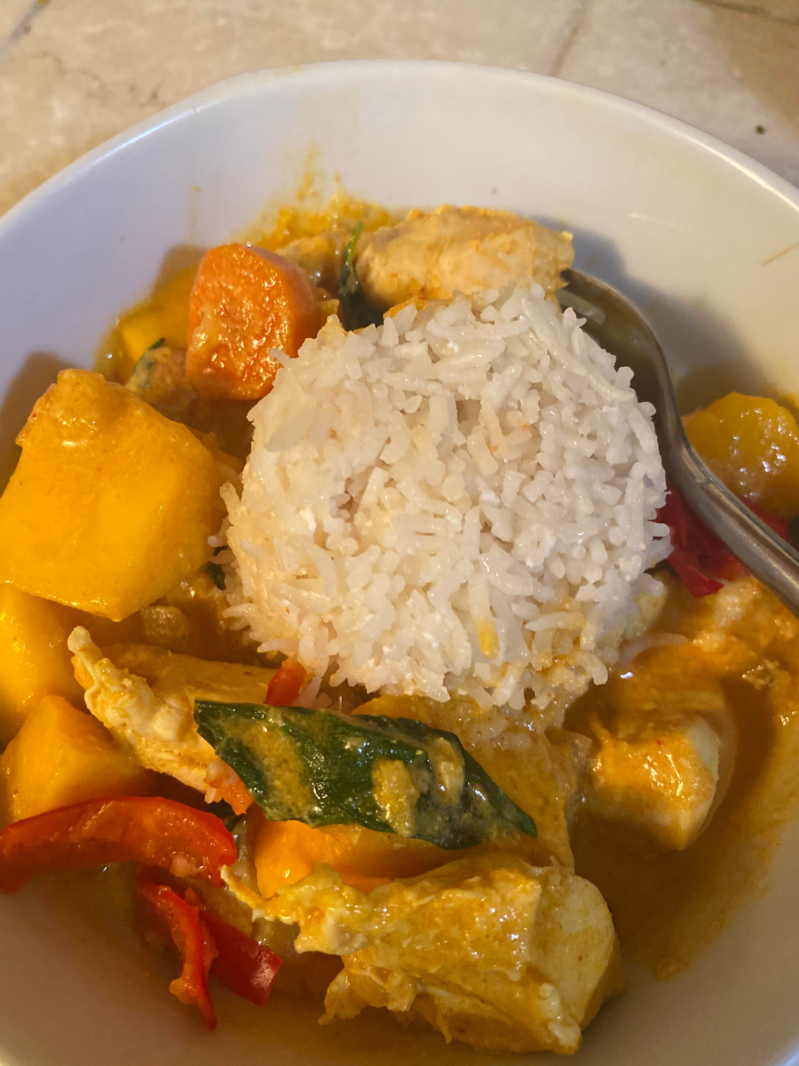 I made mango curry chicken and coconut rice with rose water for dinner ...