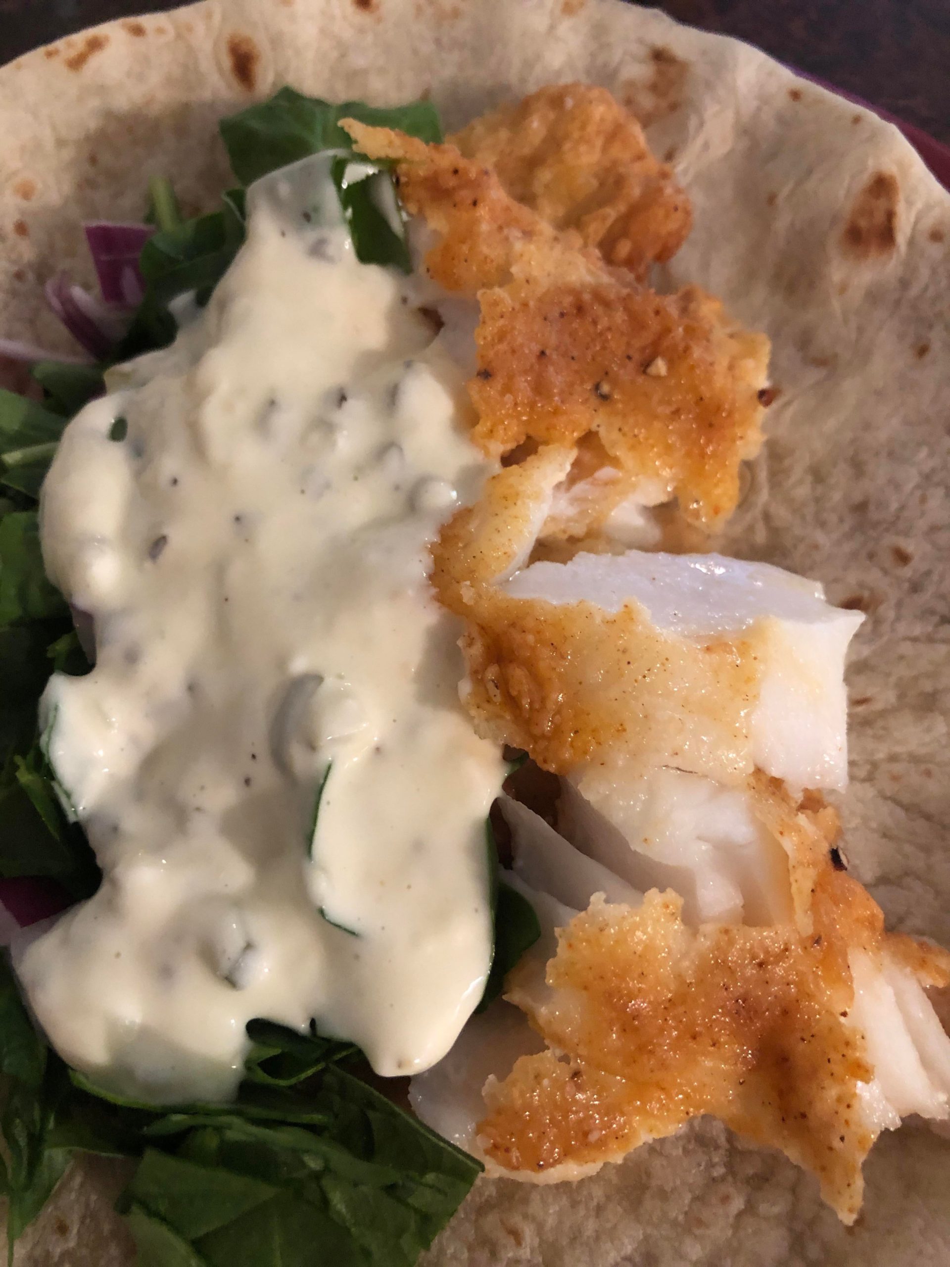 Orange roughy fish tacos w/ spinach, red onion, and homemade tartar ...