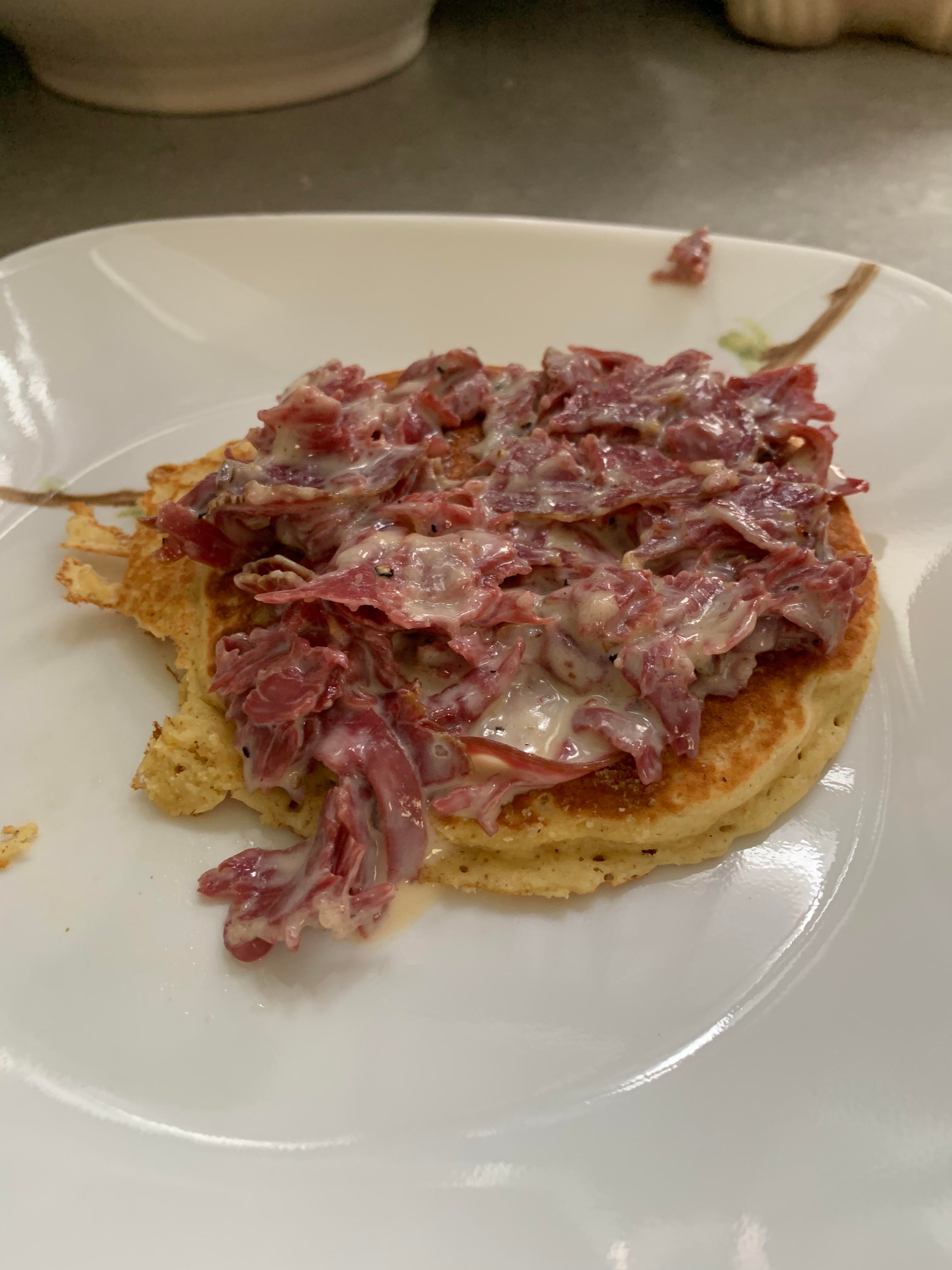 Creamed chipped beef on a pancake. Ugly, but delicious! - Dining and ...