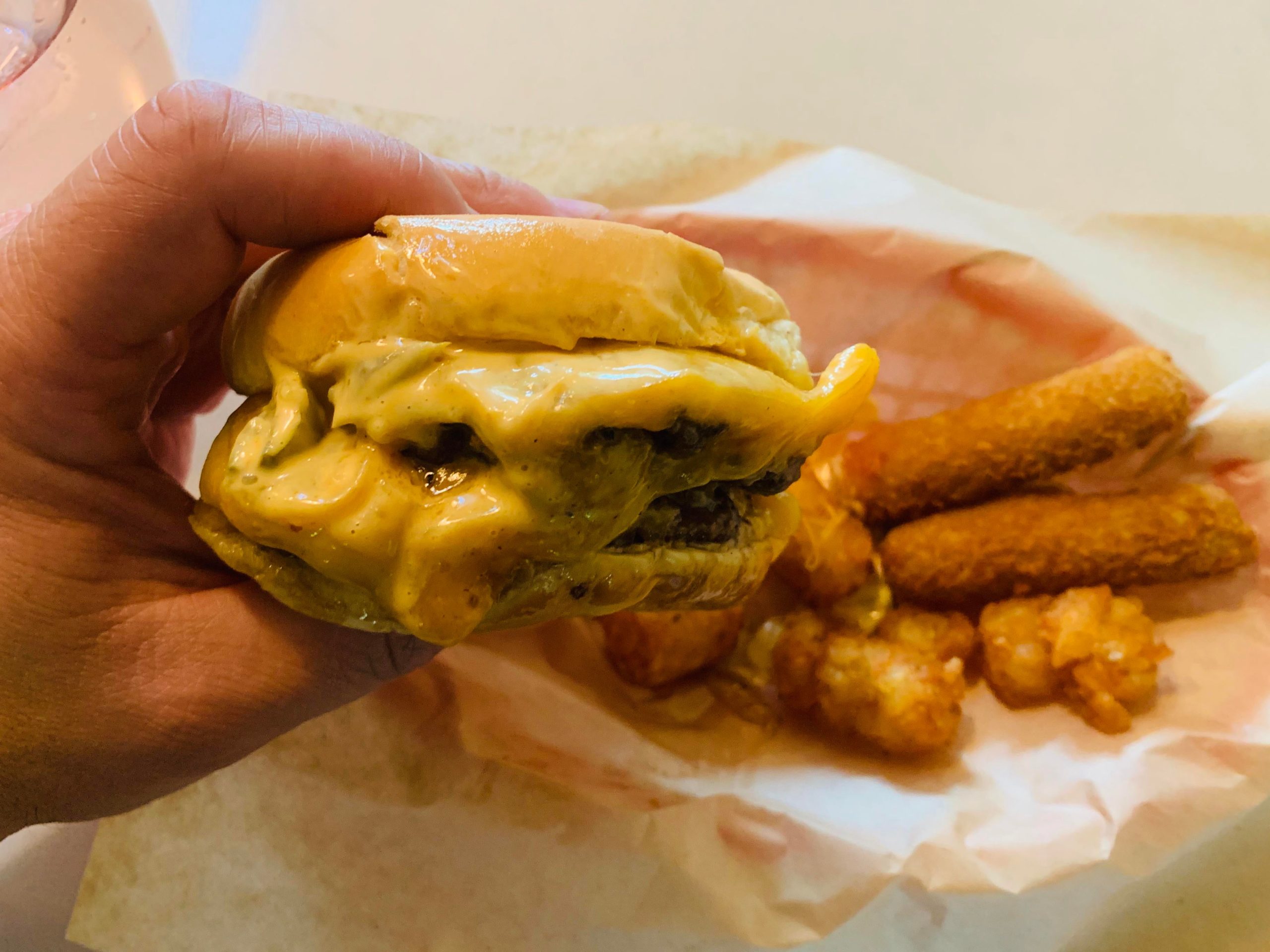 Homemade smash. Ground short rib. Re-fried fried cheese sticks and tots ...