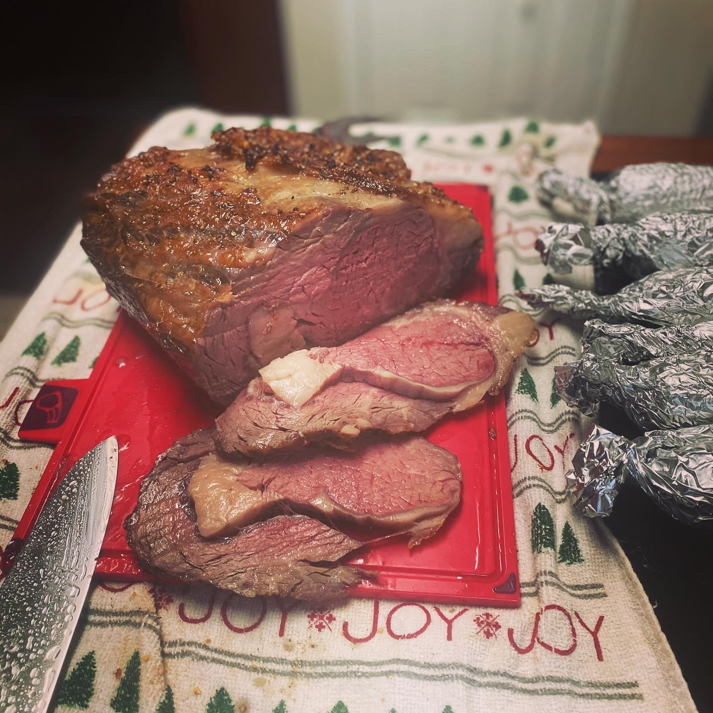 5 pound ribeye roast, 7 hours in the bath at 135 then finished in a 425 ...
