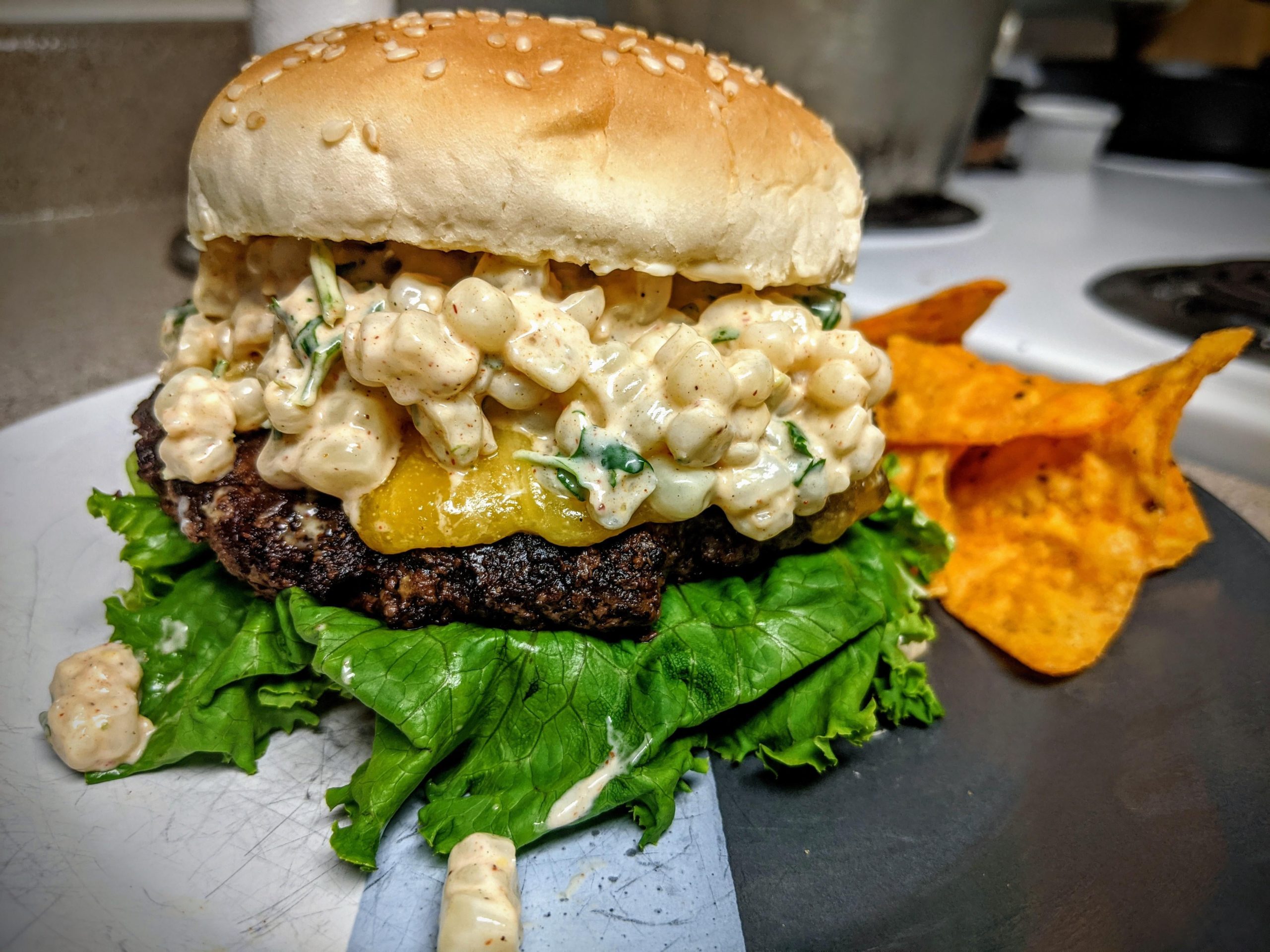Round 2: Mexican Street Corn Smash Burger with Cheddar - Dining and Cooking