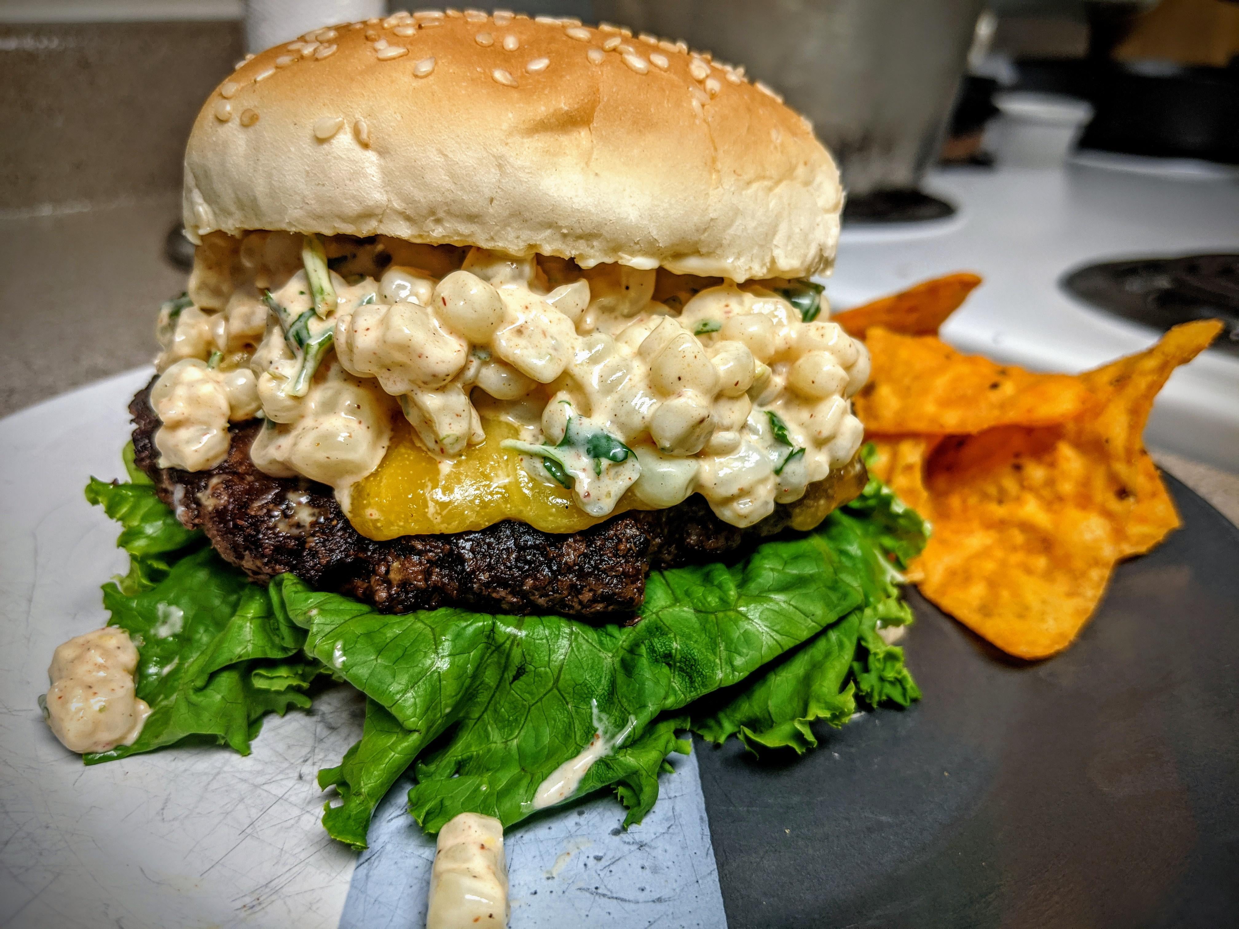 Round 2: Mexican Street Corn Smash Burger with Cheddar - Dining and Cooking
