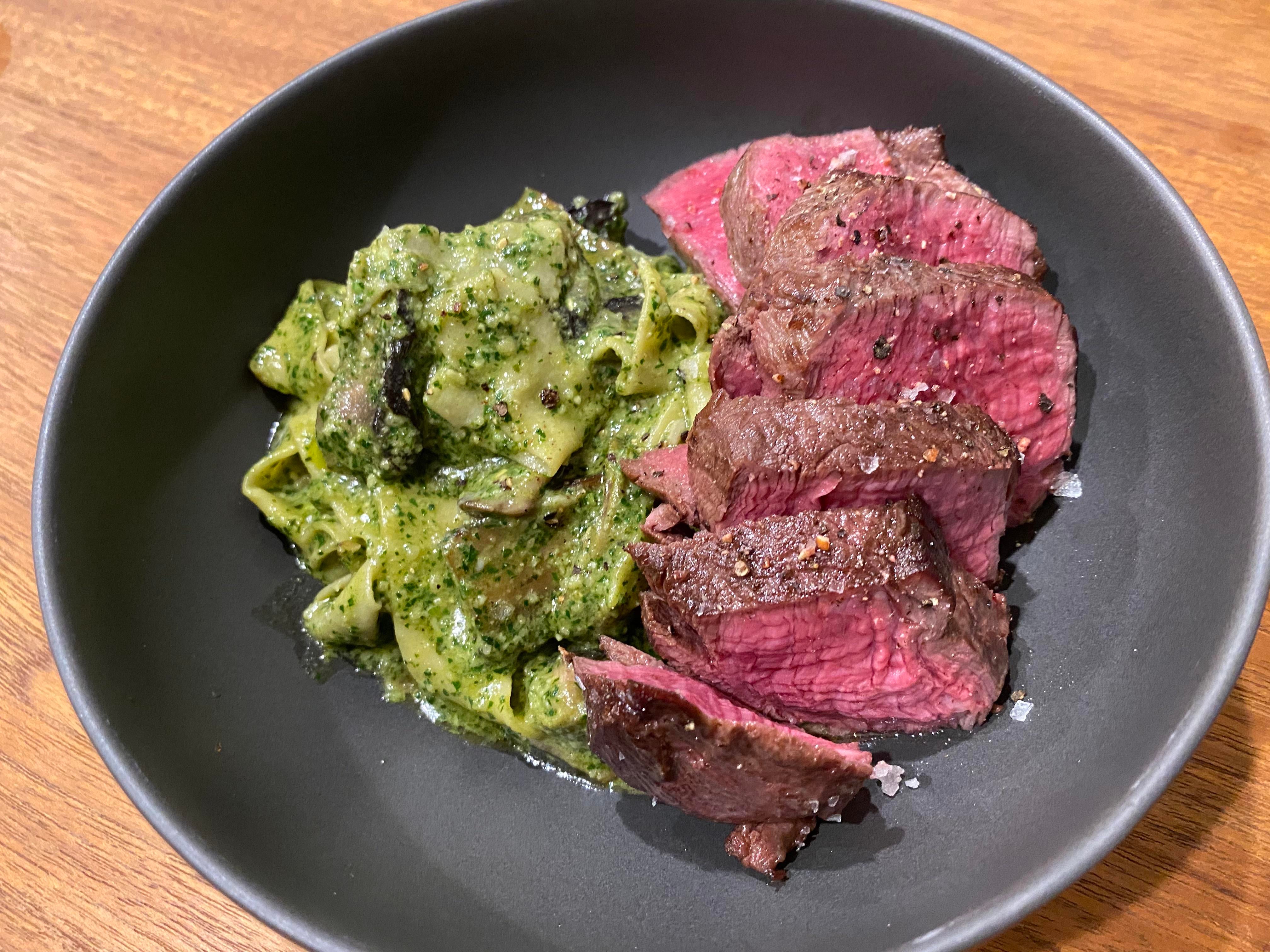 Filet mignon at 130F for 1.5h, served with handmade pappardelle noodles ...