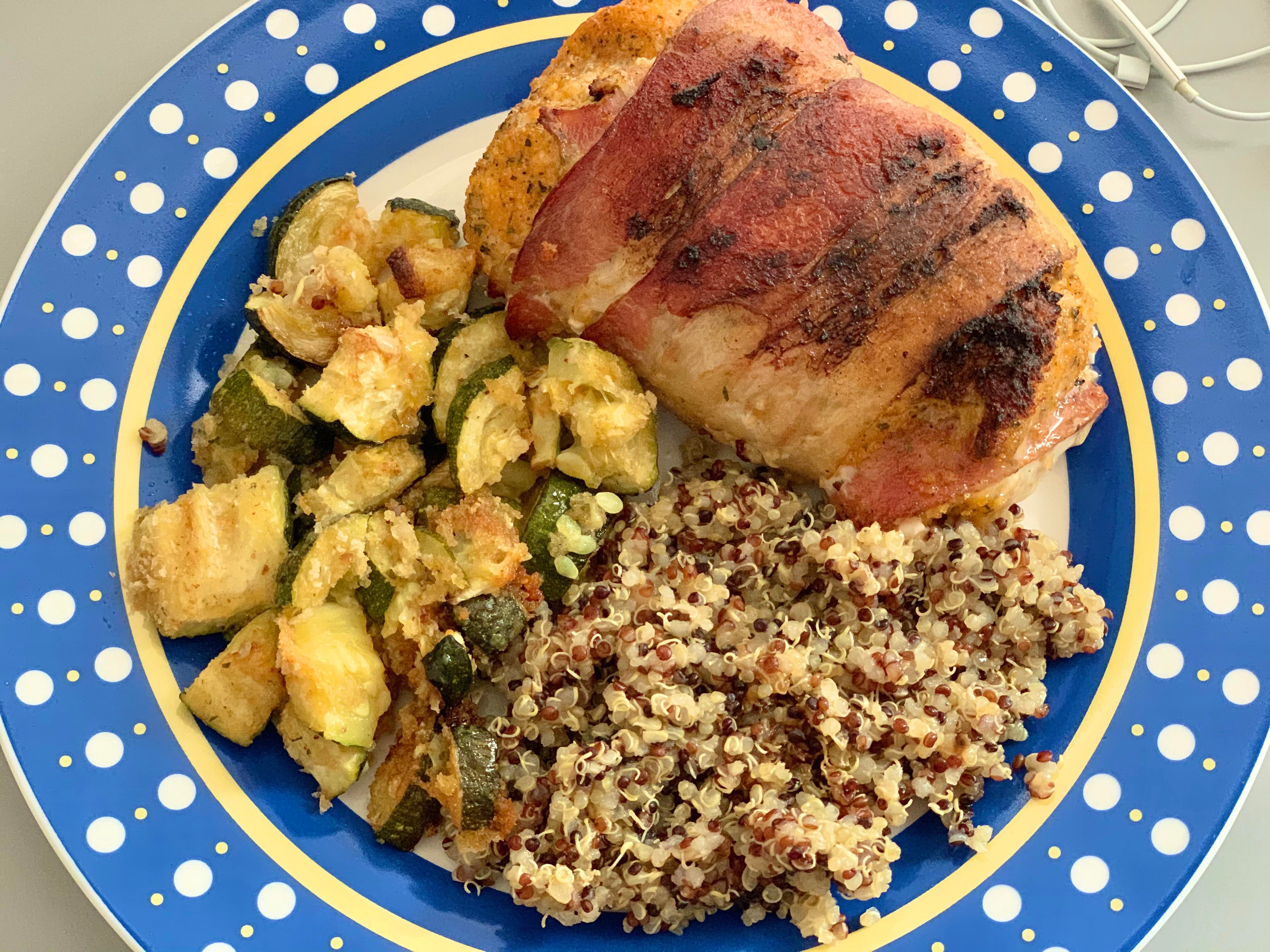 Bacon wrapped chicken cordon bleu with Parmesan crusted zucchini and ...