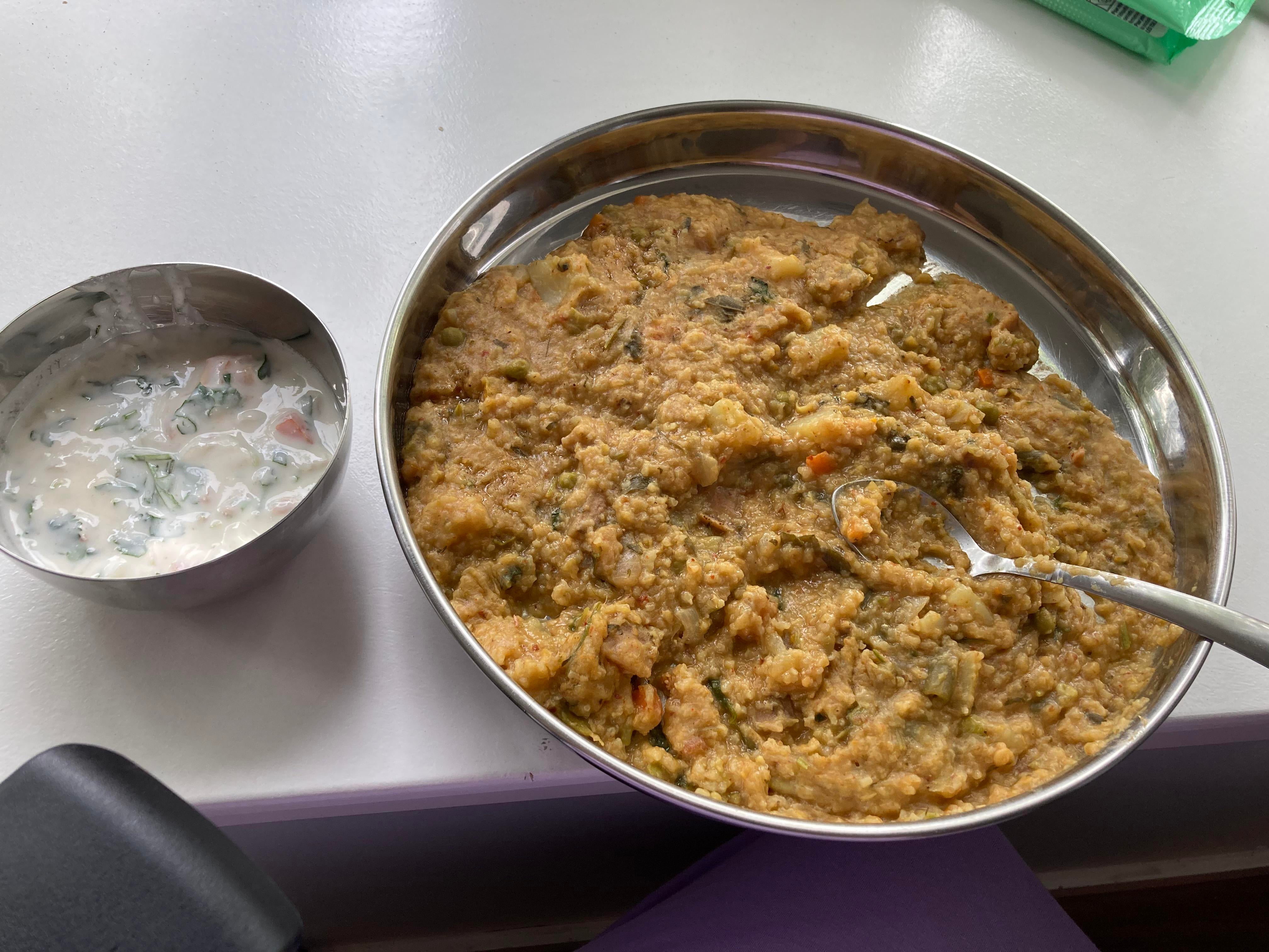 Bisi Bele Bath with 8 vegetables and Raita. No garam masala - Dining ...