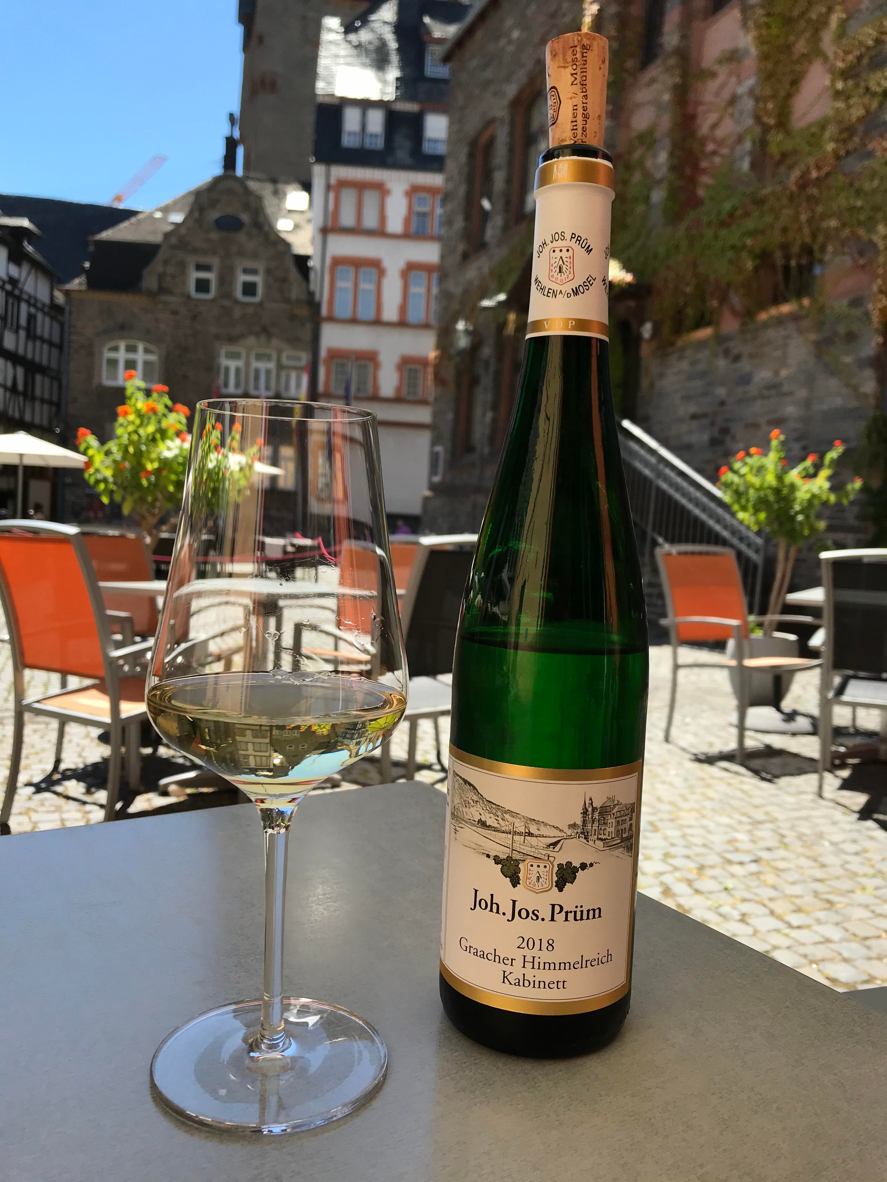 A bottle of JJ Prüm in 38C (100F) at the Rieslinghaus in Bernkastel ...