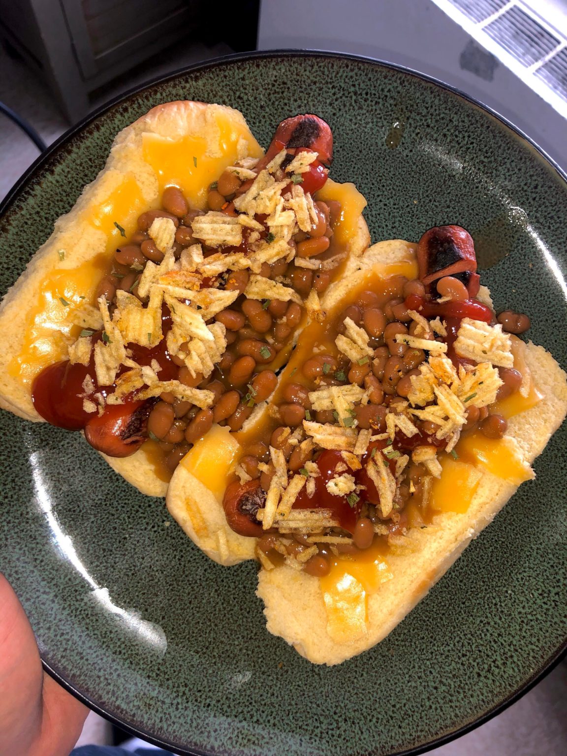 Sabrett Hotdogs, Toasted potato Hotdog bread, Gouda cheese, Baked beans ...