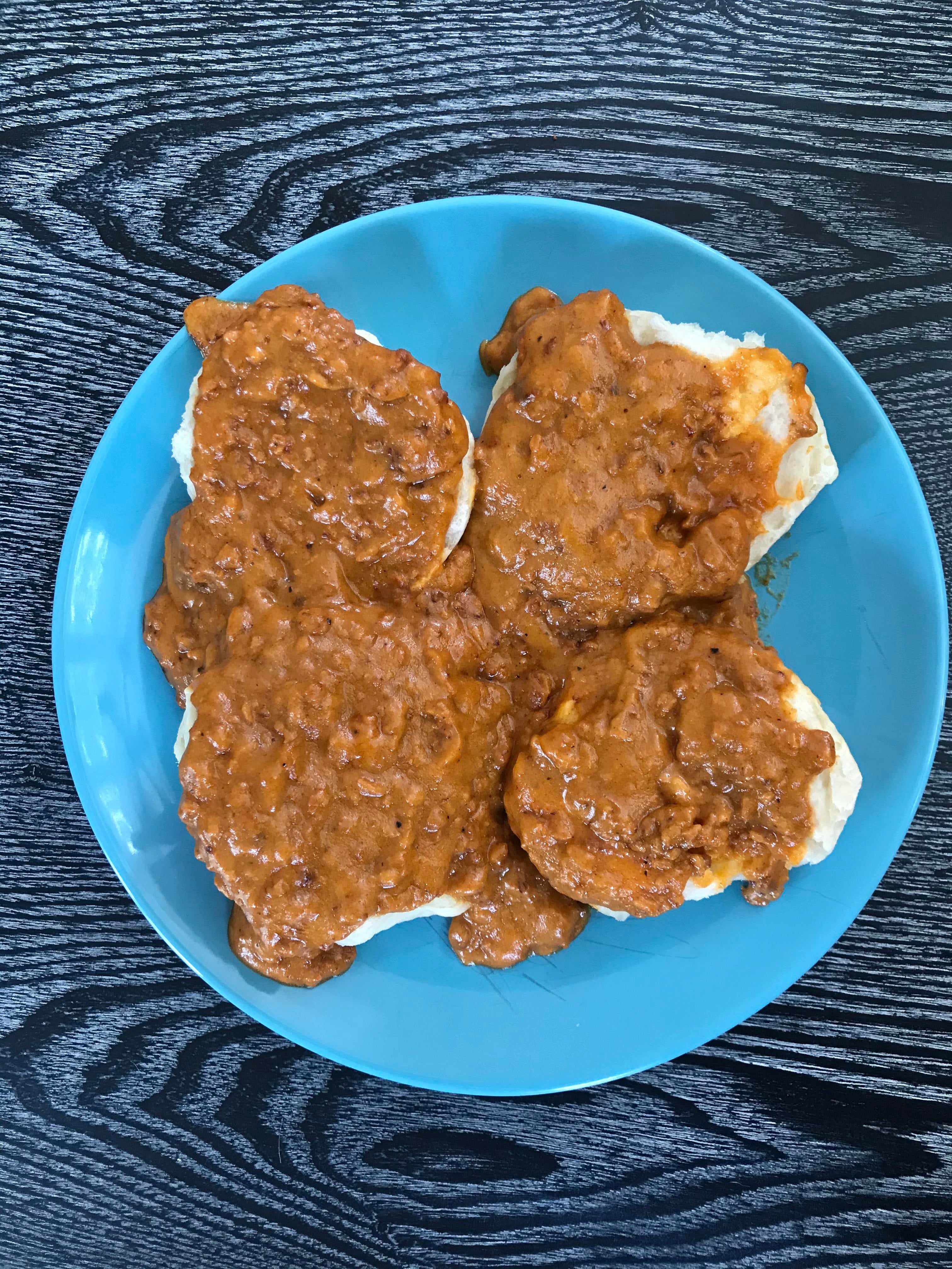 My girlfriend made me biscuits with soy chorizo gravy for breakfast. An ...