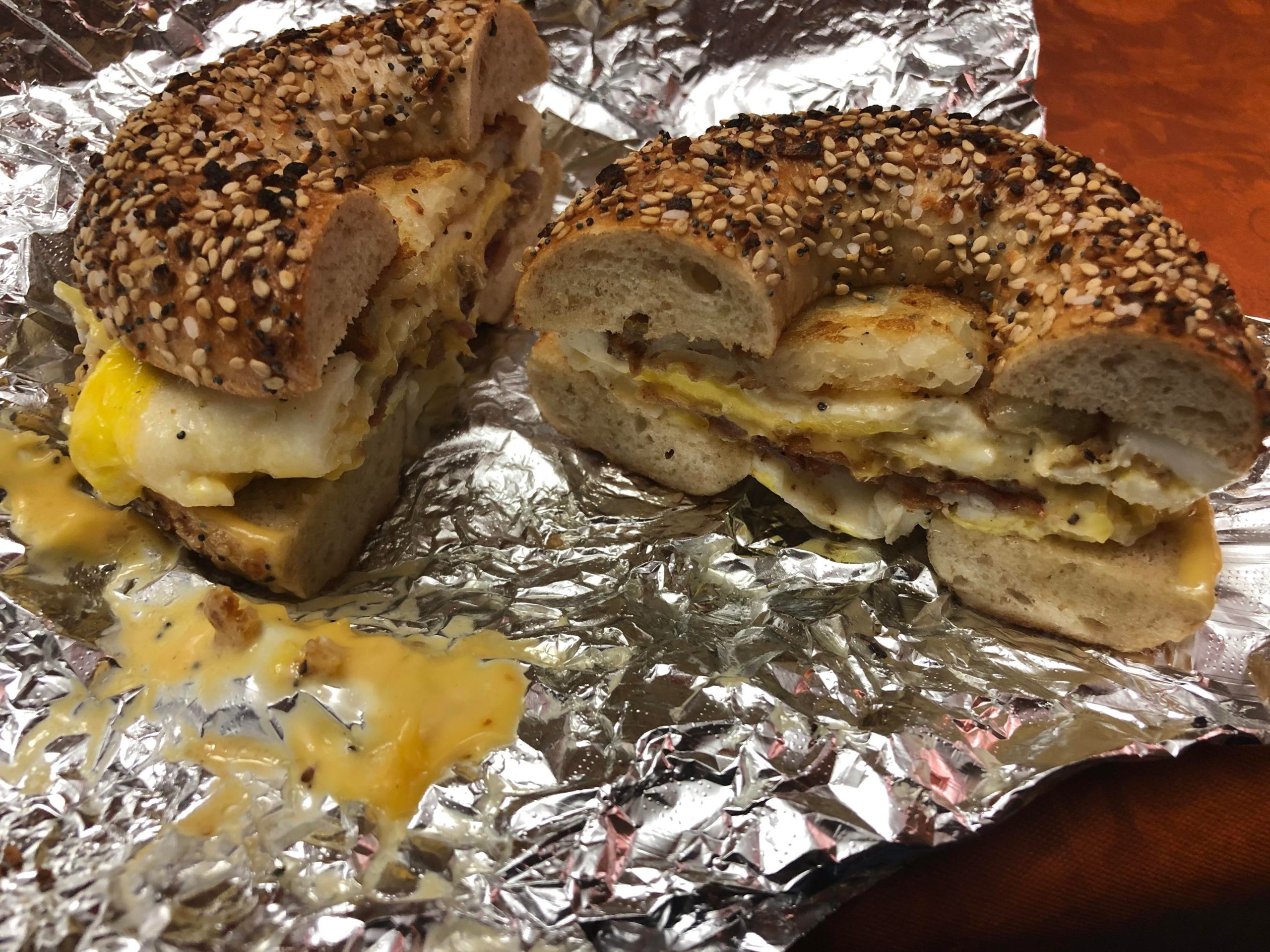 BEC with a hash brown on whole wheat everything bagel - Dining and Cooking