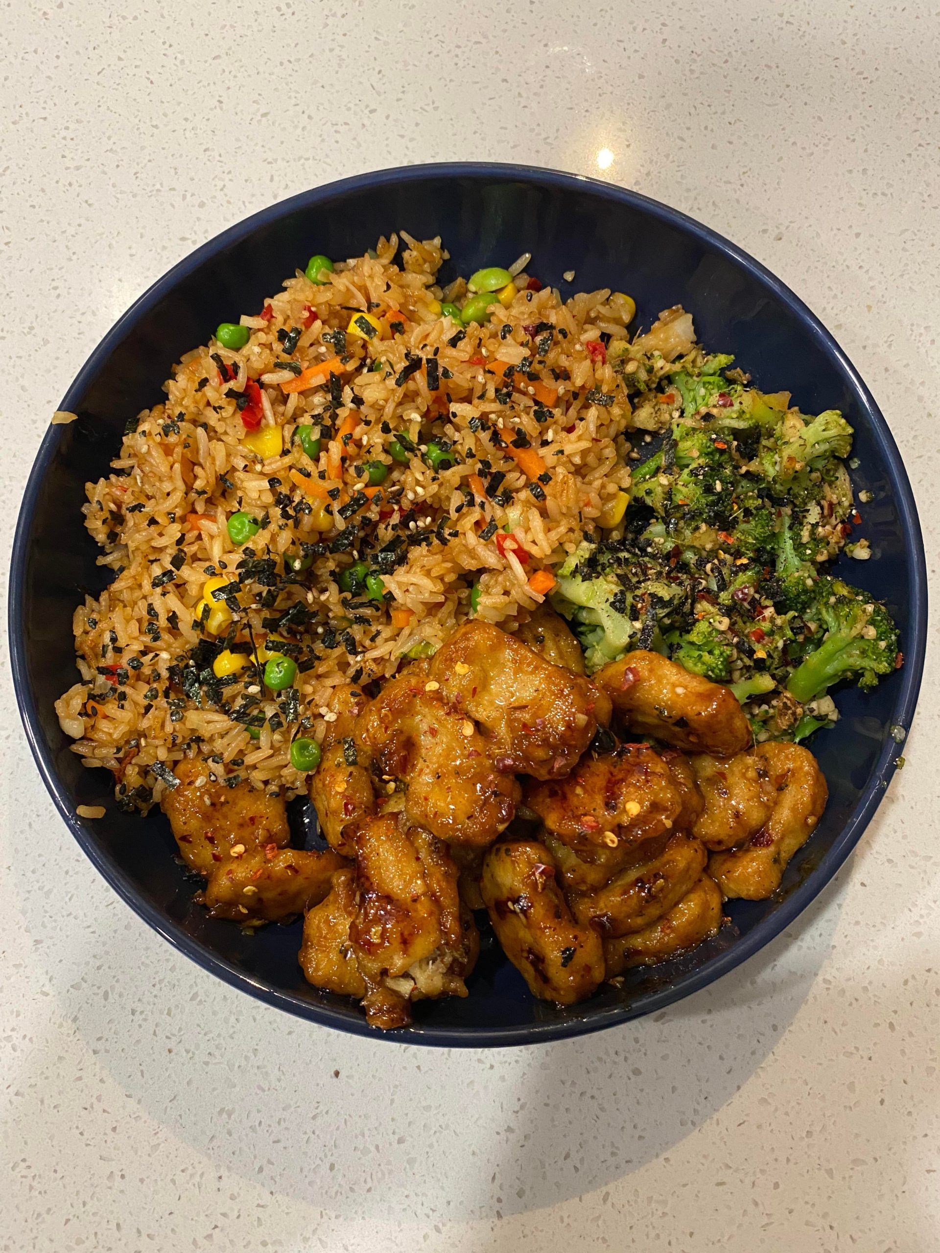 Orange chickenless morsels, Japanese fried rice, veggies and furikake ...