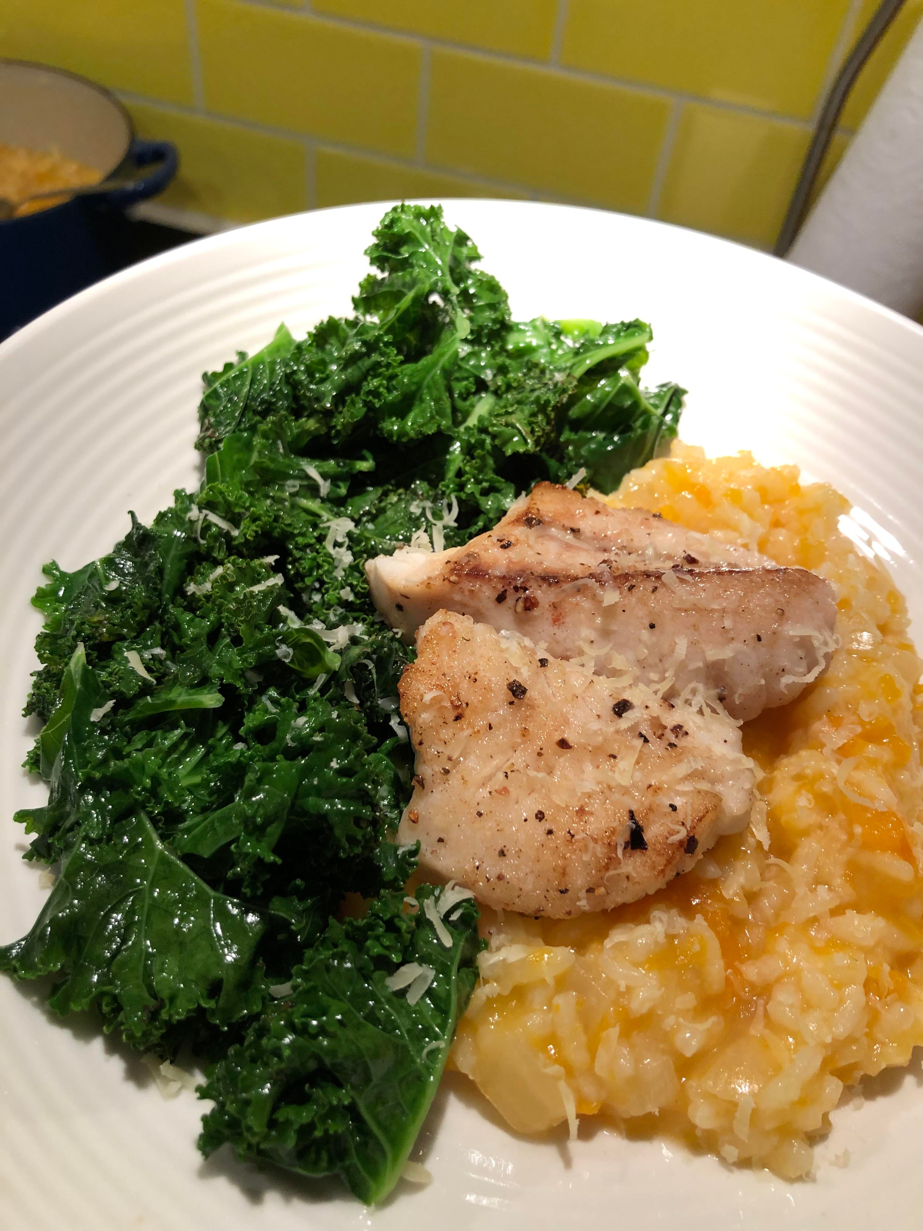 I cooked pan fried gurnard fish with buttered kale and pumpkin risotto ...