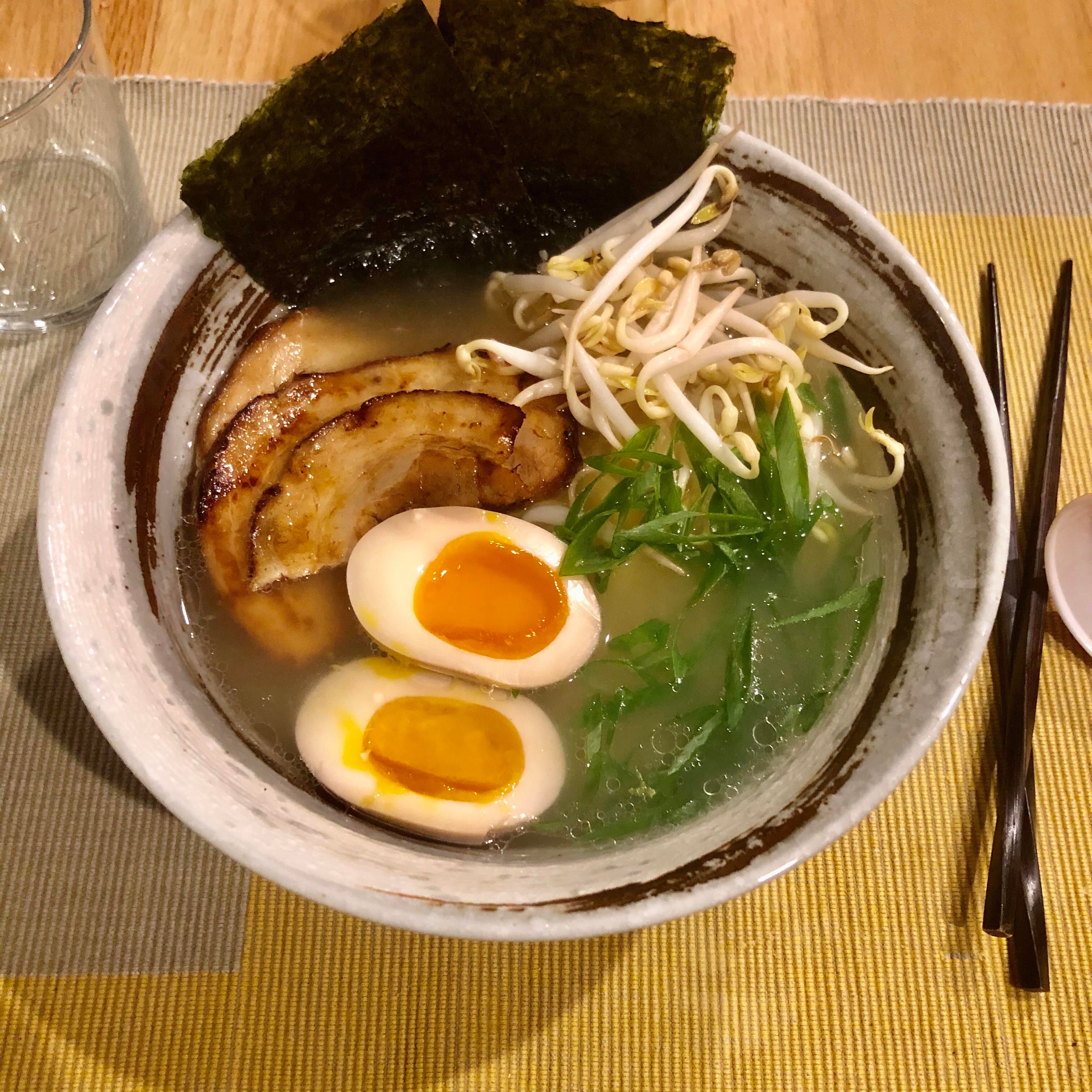 All homemade except the noodles. Shio tare with chicken and pork stock ...