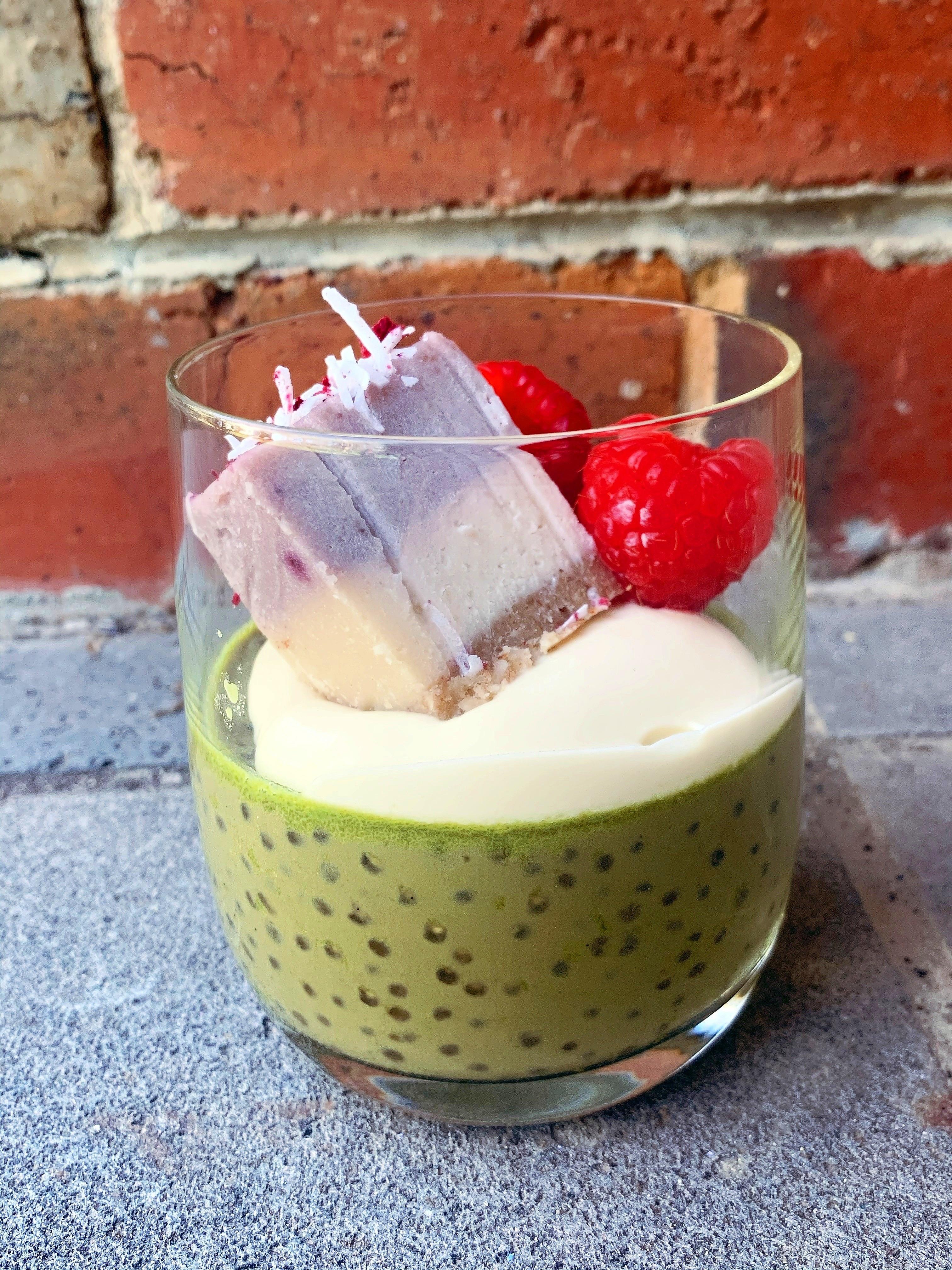 Matcha coconut sago pudding with mango coconut yoghurt, raspberries & a ...