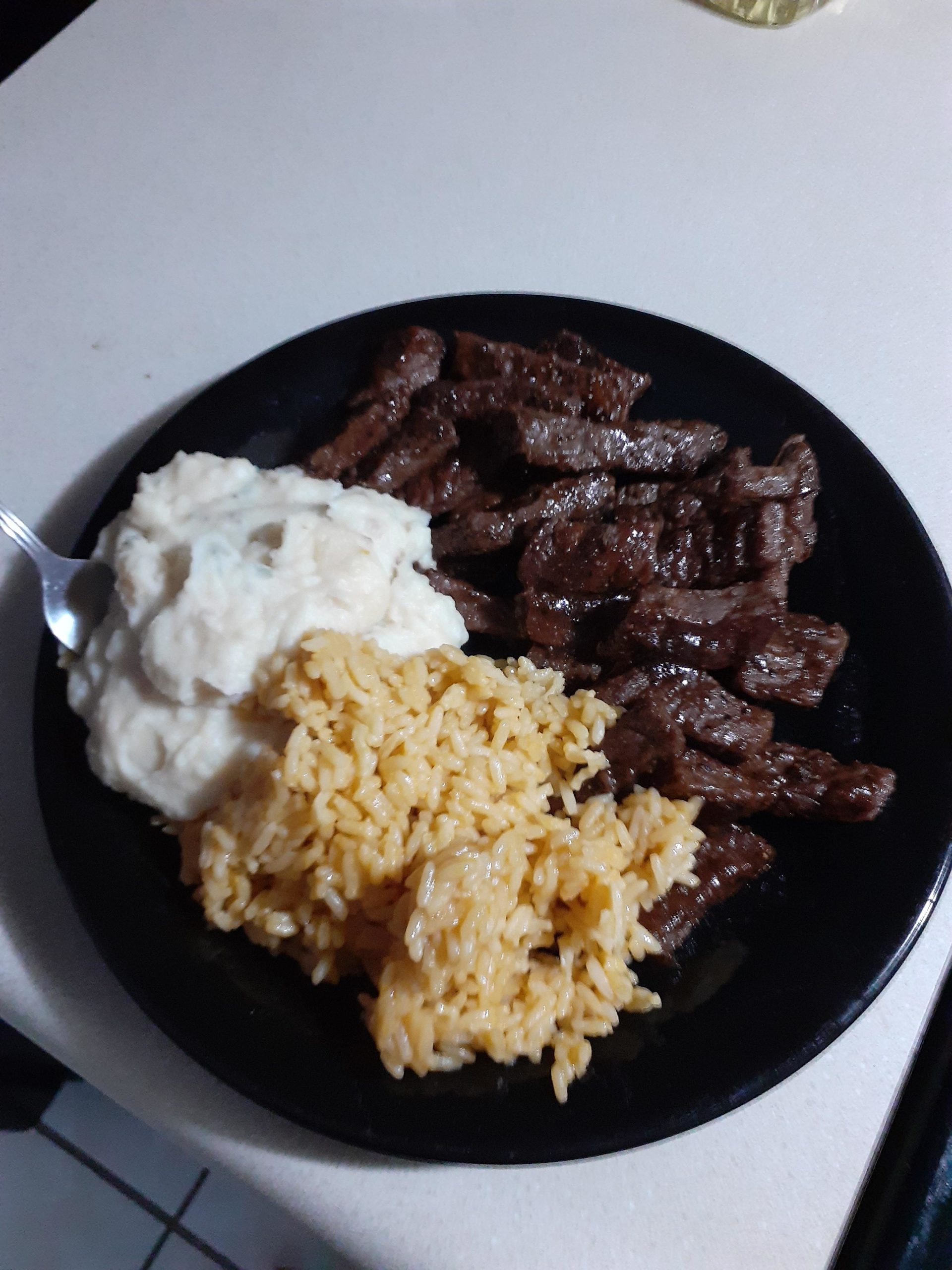 Steak strips, mashed taters, and some rice. Hearty as heck. - Dining ...