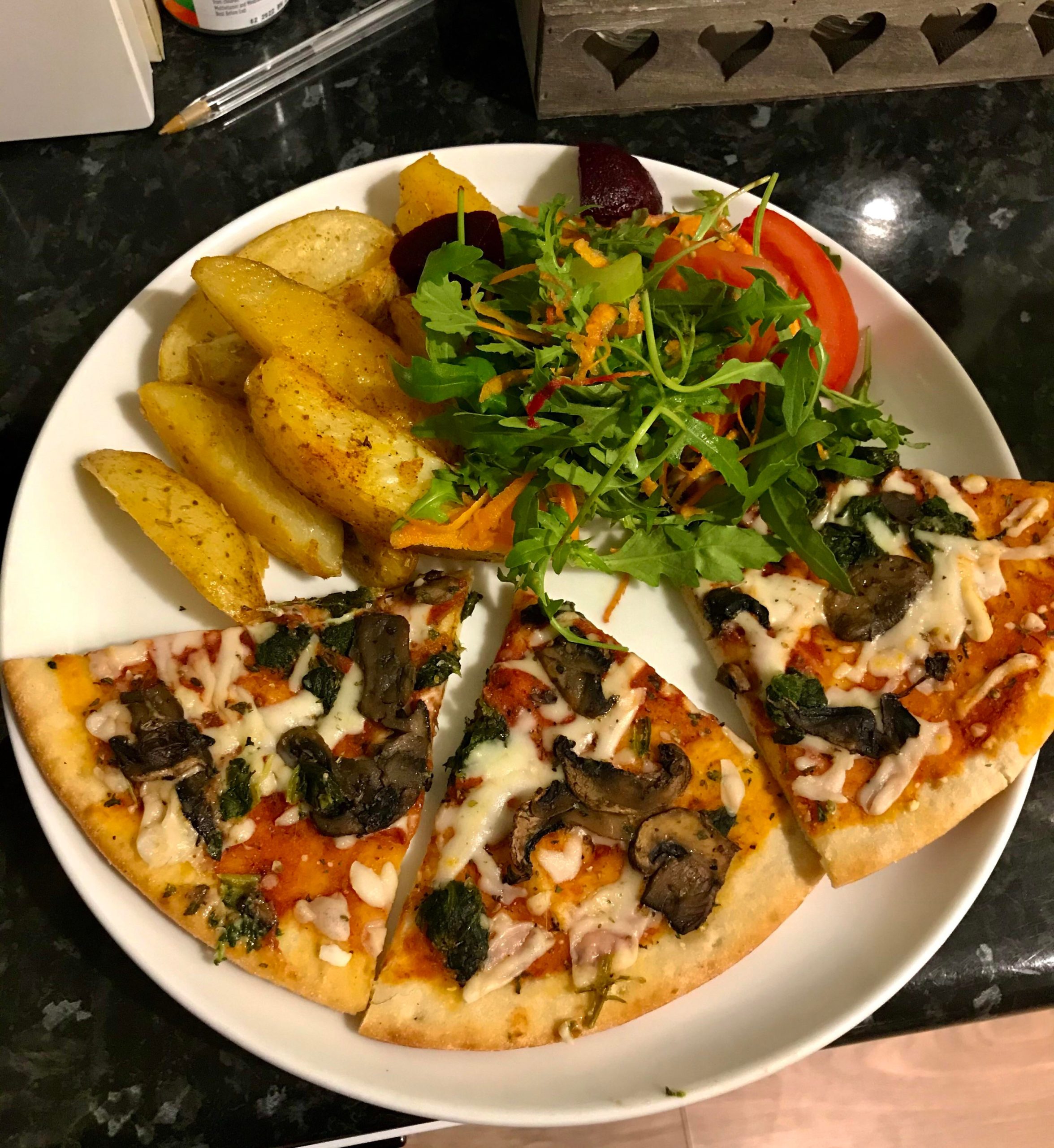 Vegan pizza, home made potato wedges and salad 🥗 - Dining and Cooking