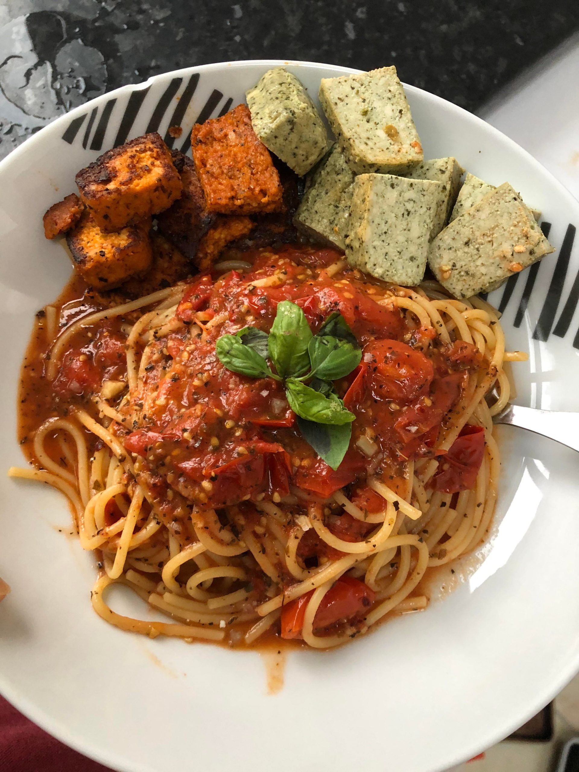 A very basic yet delicious spaghetti with basilico tofu and tofu roso ...