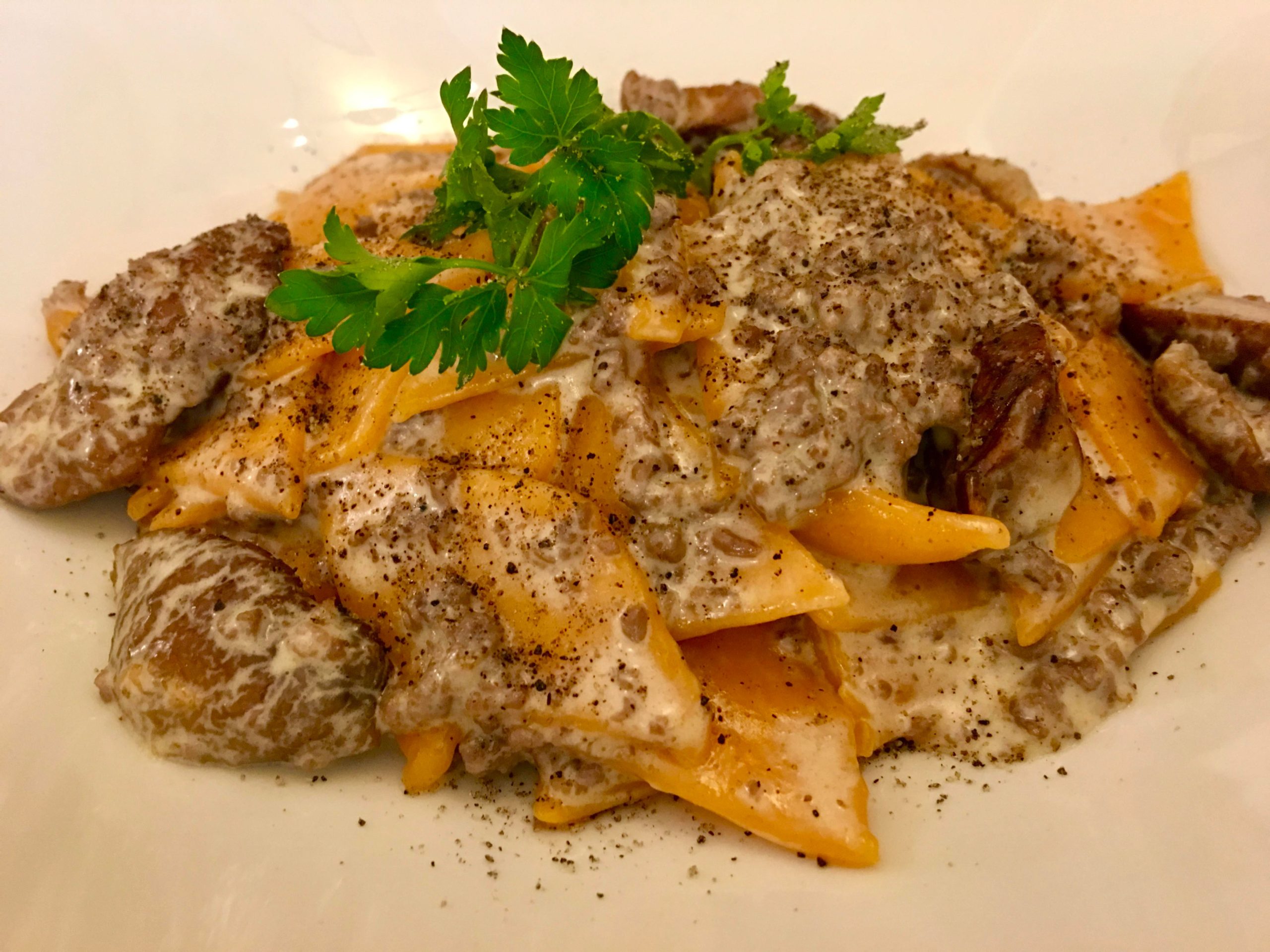Tomato Taccozzelle Pasta with White Lamb Ragout and Mushrooms - Dining ...