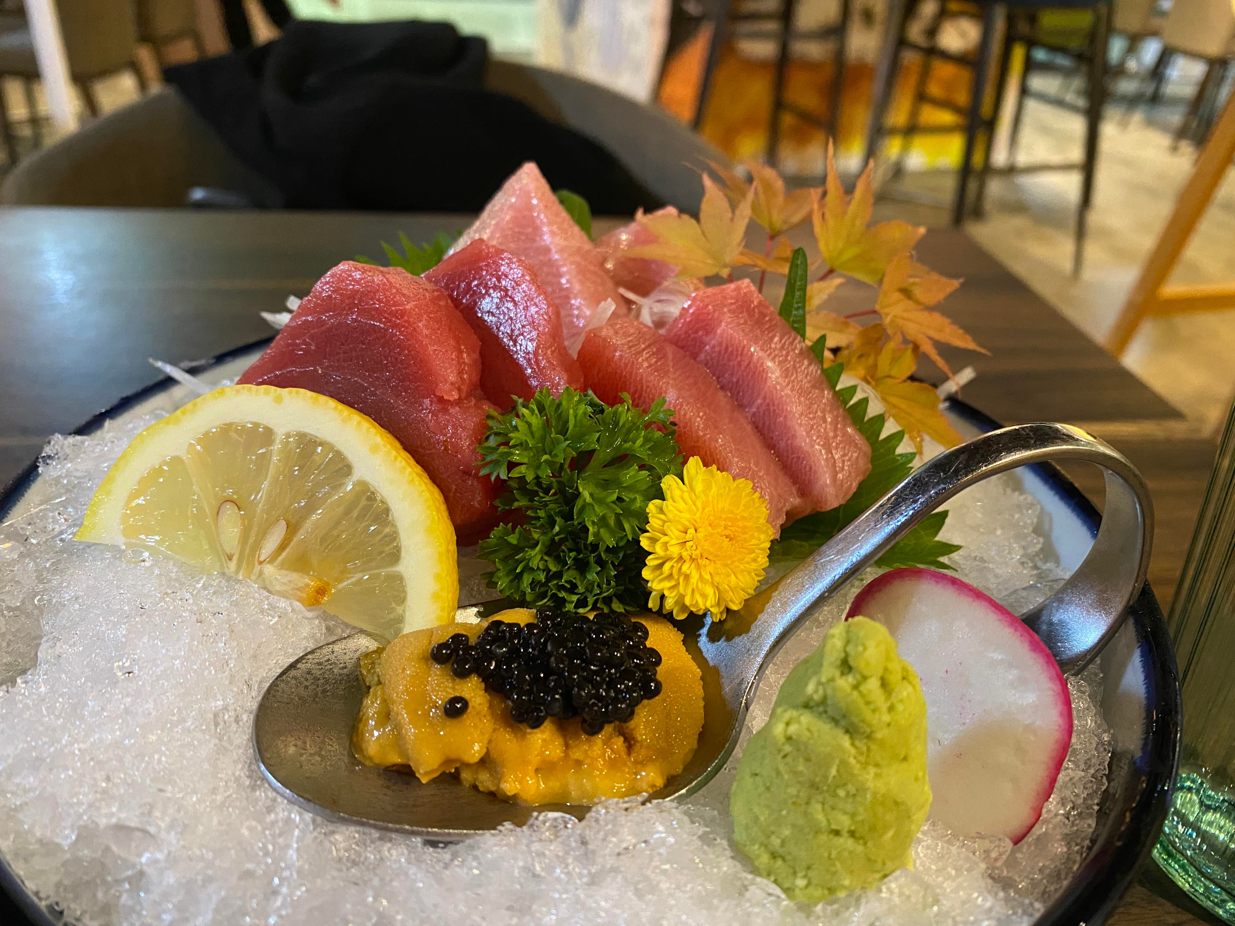 Akami, chutoro, otoro and uni with caviar - Dining and Cooking