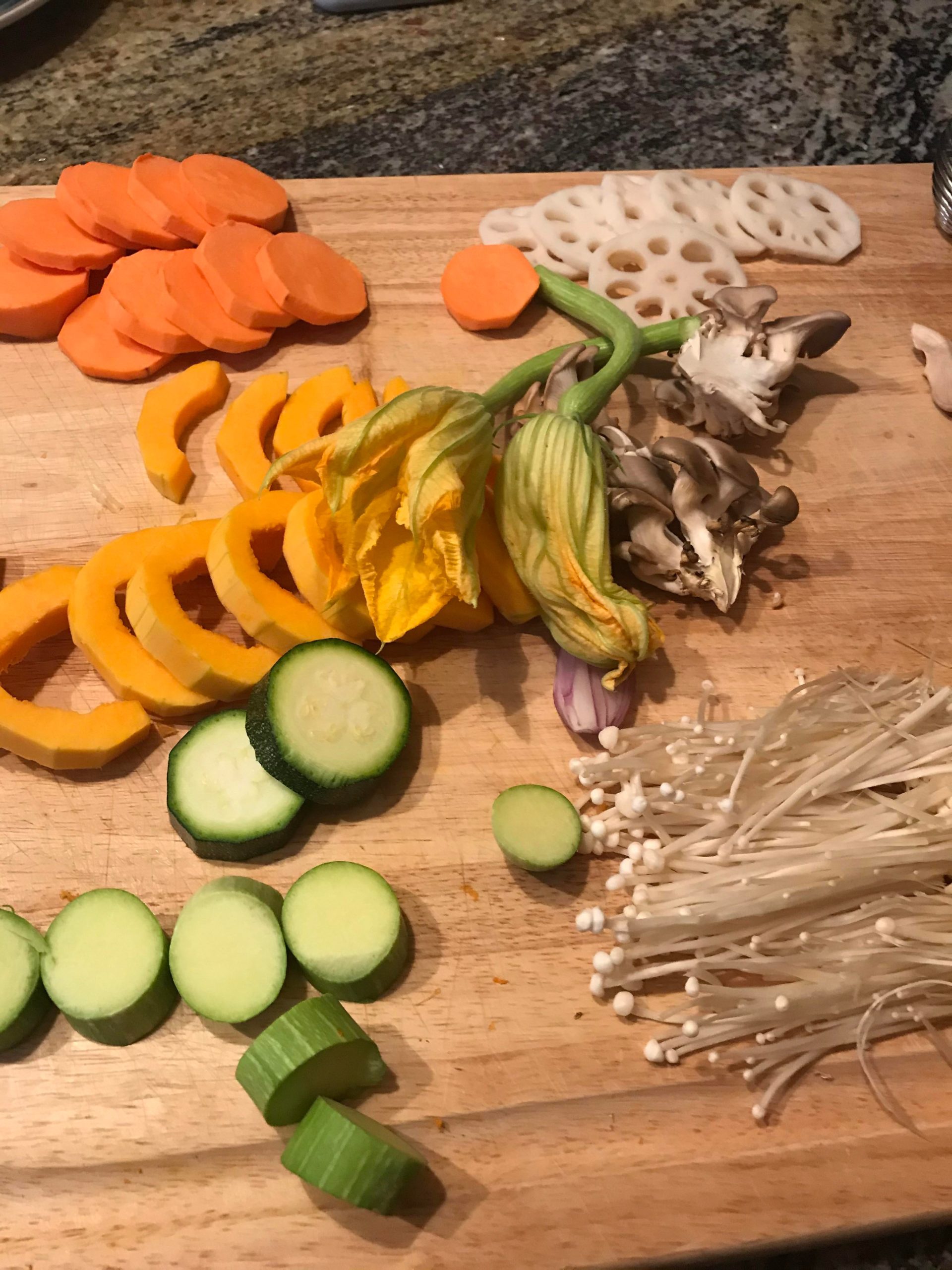 Tempura spread. The tiny squash with squash blossoms and enoki were my ...