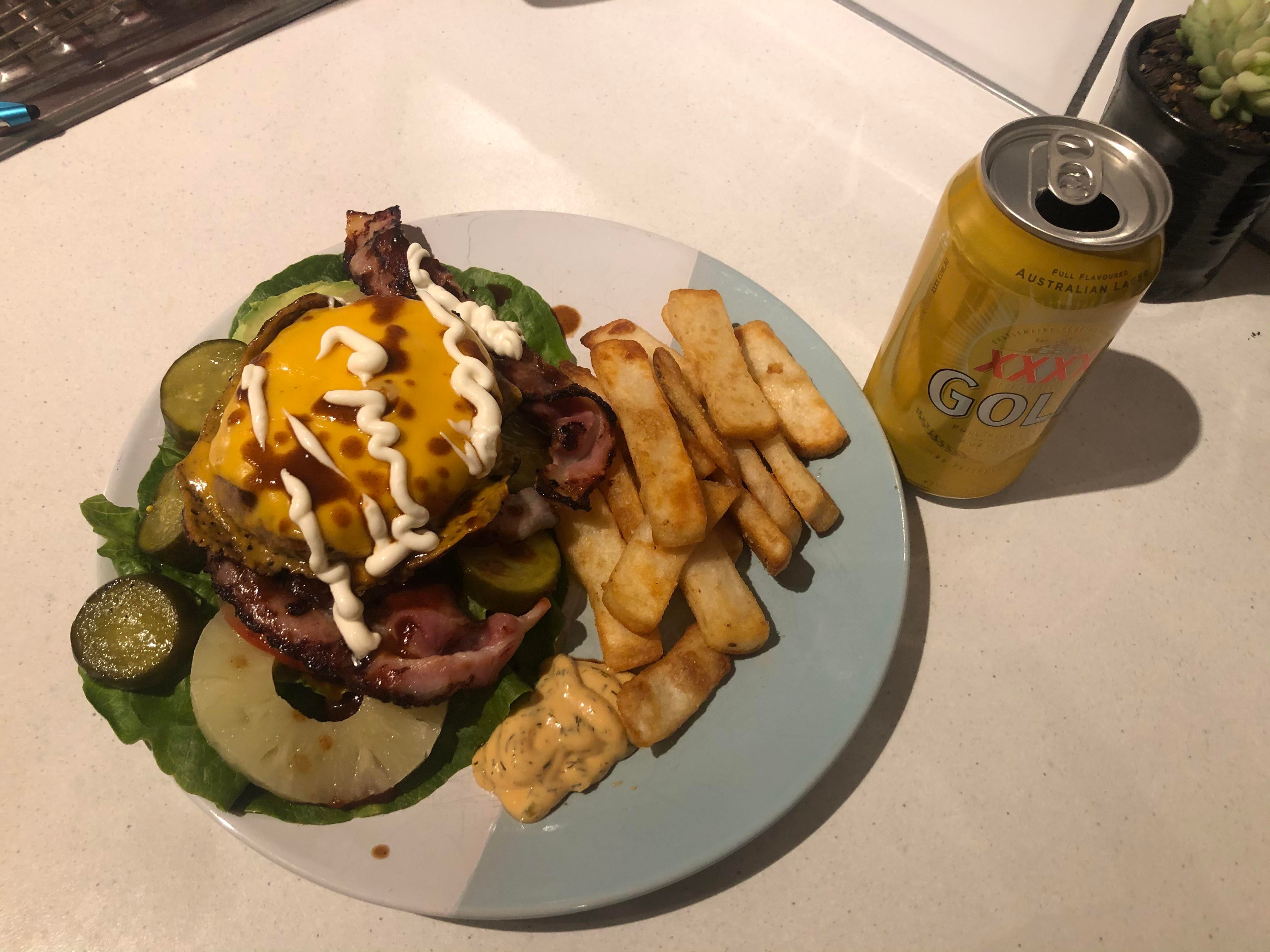 Naked loaded burger with steak cut chips and liquid gold to wash it ...