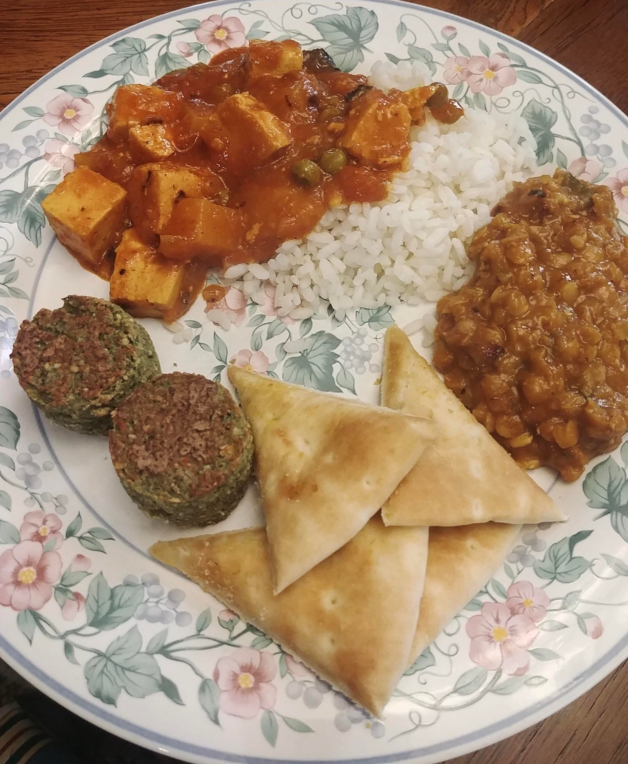 Sunday Family Dinner - Indian Butter Tofu, lentil Dahl, rice, falafel ...