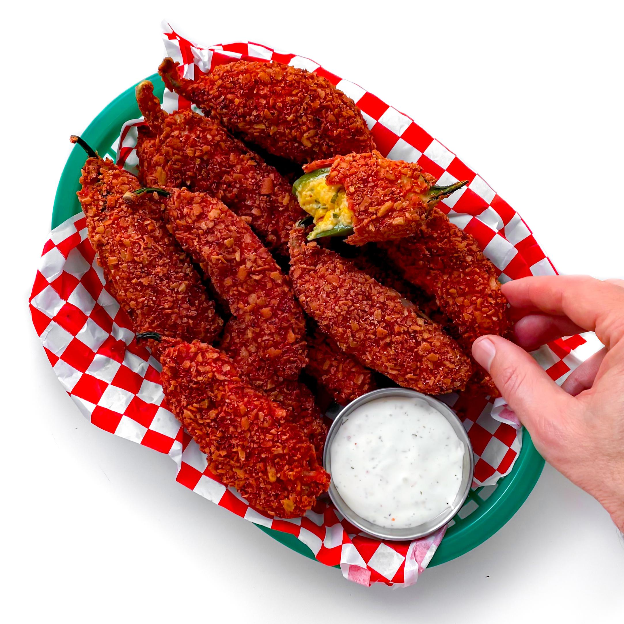 Vegan Fried Jalapeño Poppers! I coated them in crushed up Takis ...