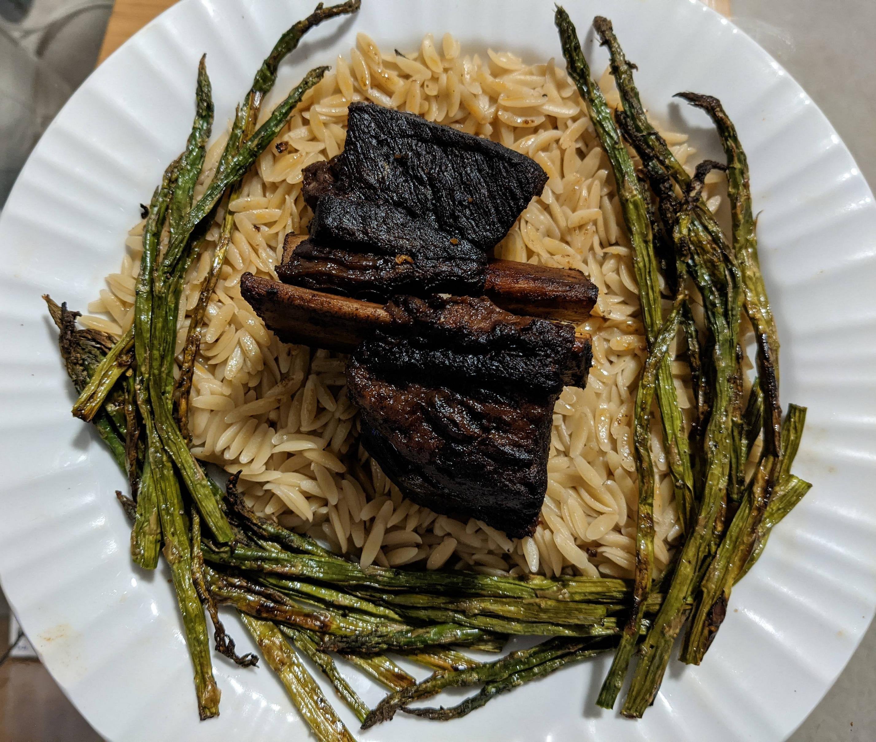 Braised Short Ribs, on a bed of orzo and asparagus - Dining and Cooking